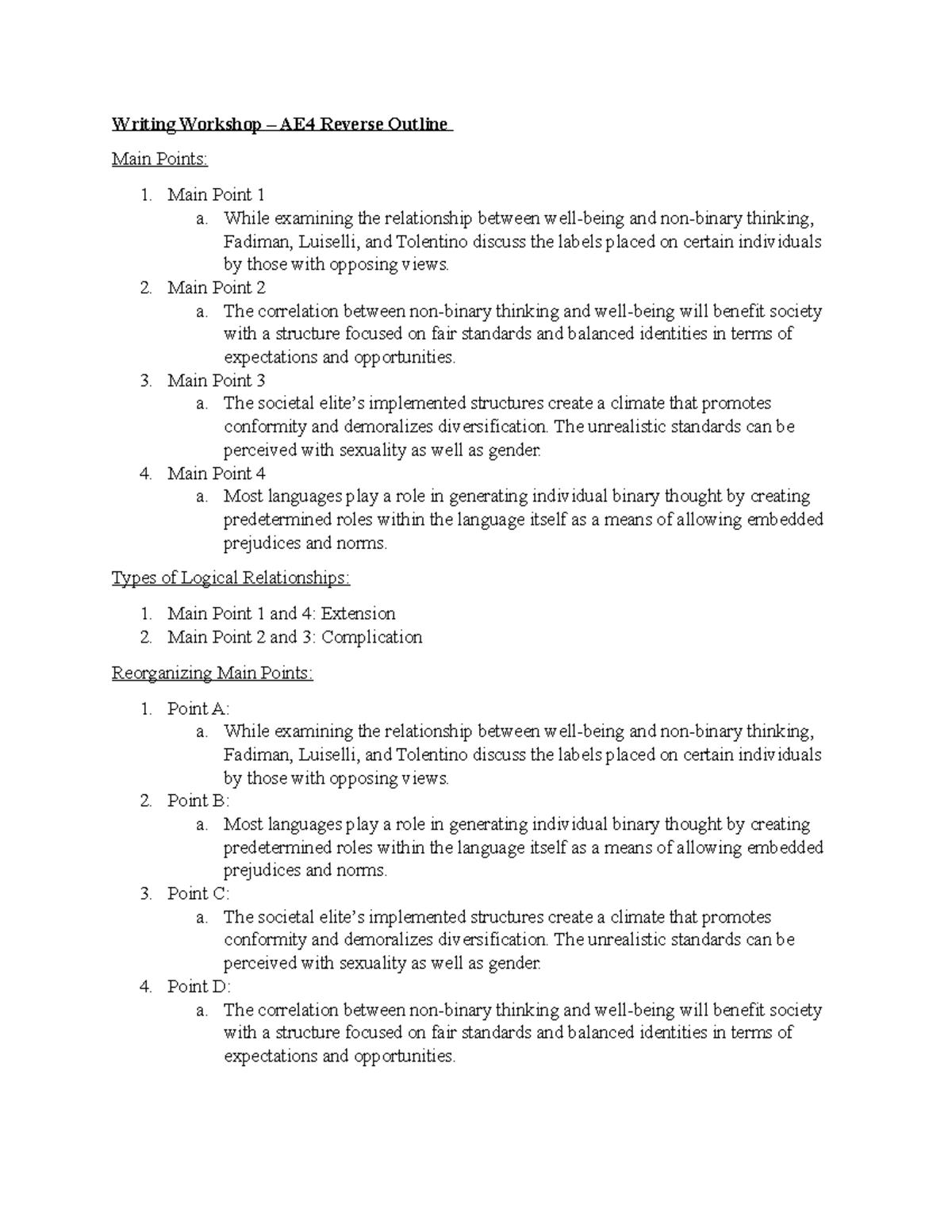 Writing Workshop – AE4 Reverse Outline - Writing Workshop – AE4 Reverse ...
