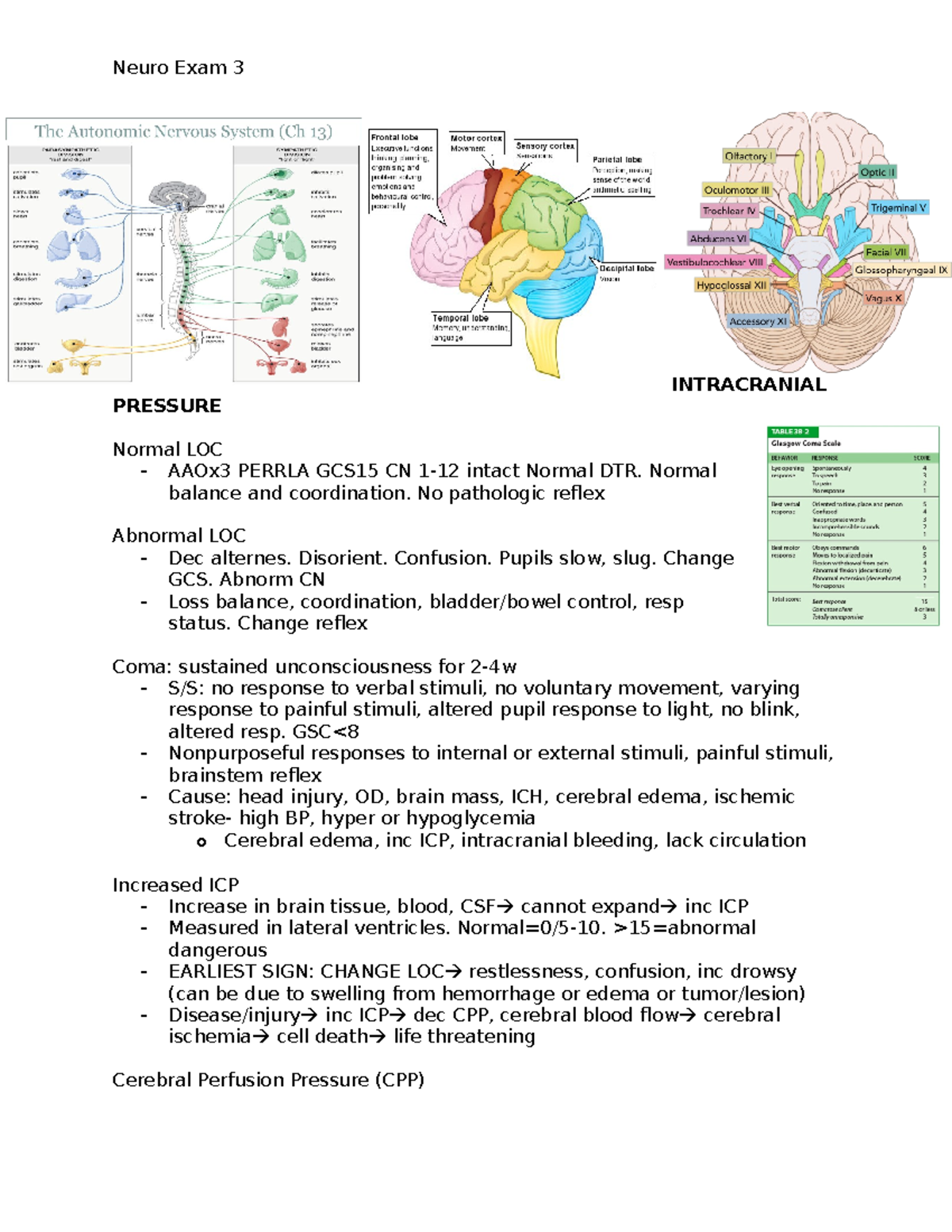 Exam 3 Quick Notes - INTRACRANIAL PRESSURE Normal LOC - AAOx3 PERRLA ...