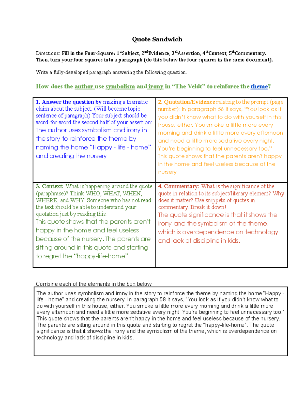 Quote Sandwich - Veldt - Quote Sandwich Directions: Fill in the Four ...