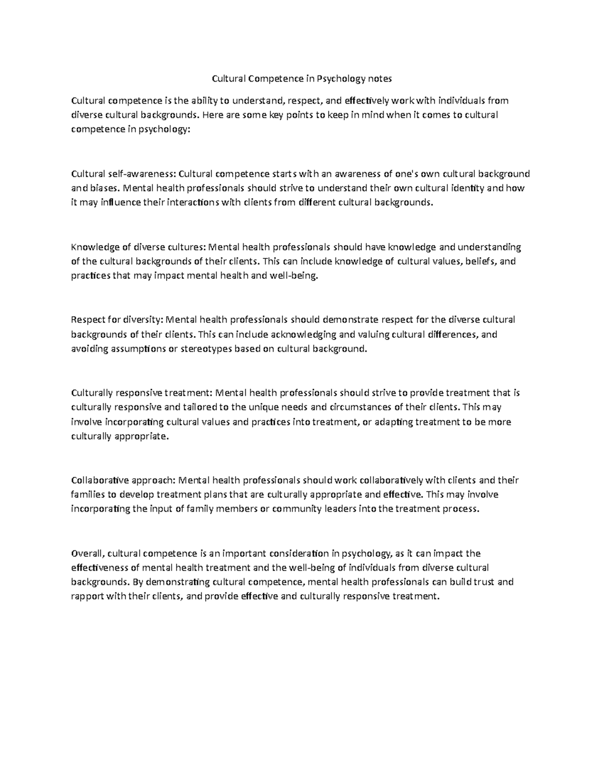 Cultural Competence in Psychology notes - Cultural Competence in ...