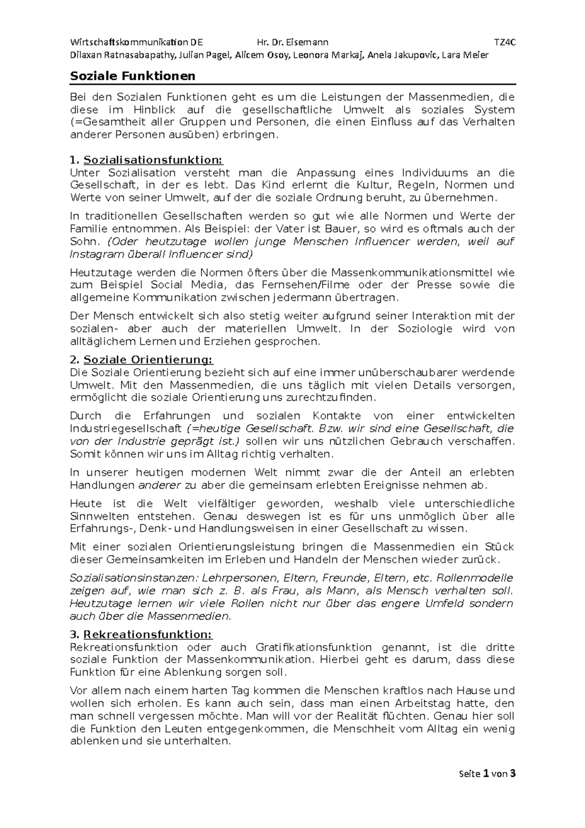 Soziale Funktionen - Zusammenfassung - Wirtschaftskommunikation DE Hr ...