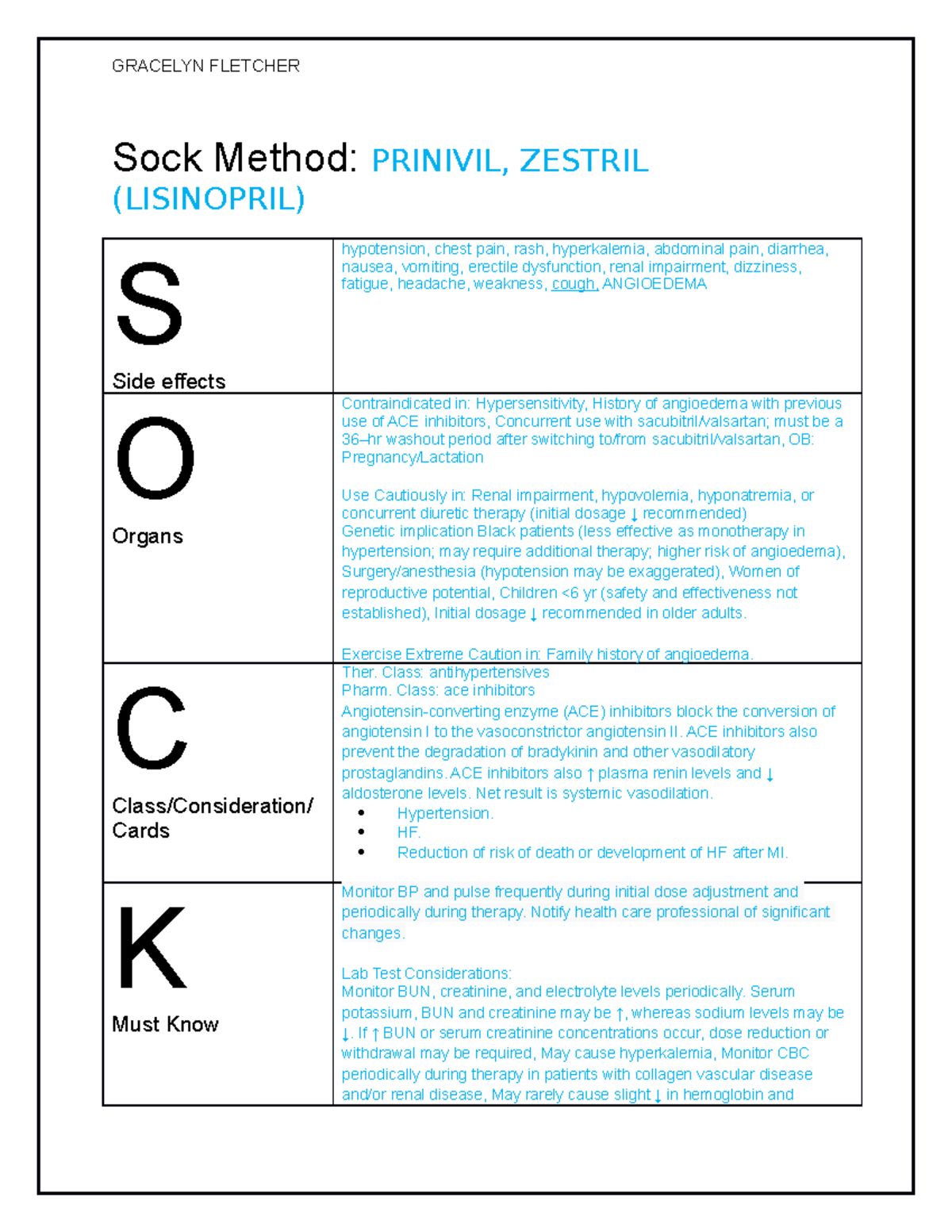 WEEK 3 SOCK Drugs - Sock Method: PRINIVIL, ZESTRIL (LISINOPRIL) S Side ...