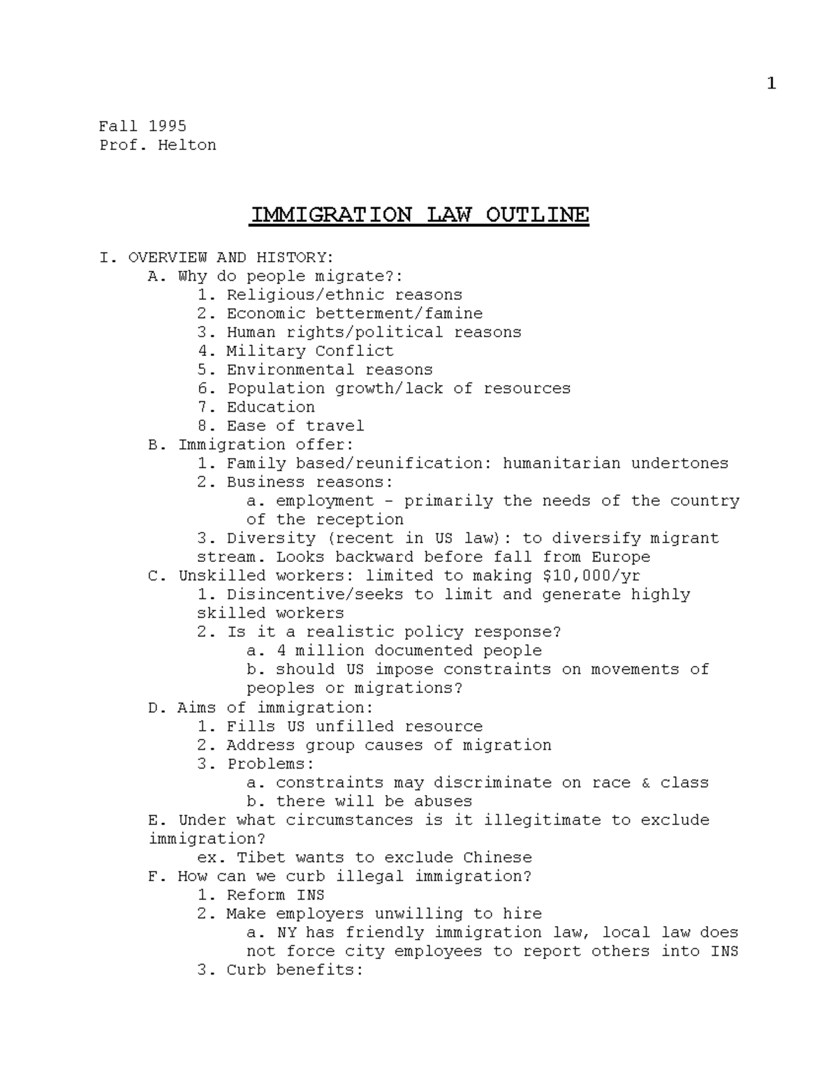 Helton f95 a - Fall 1995 Prof. Helton IMMIGRATION LAW OUTLINE I ...