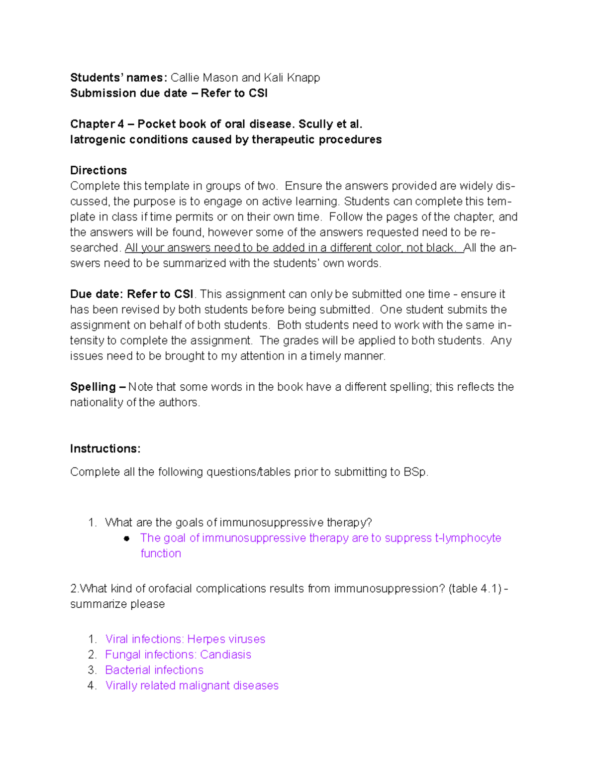 Oral path table 1 - course work - Students’ names: Callie Mason and ...