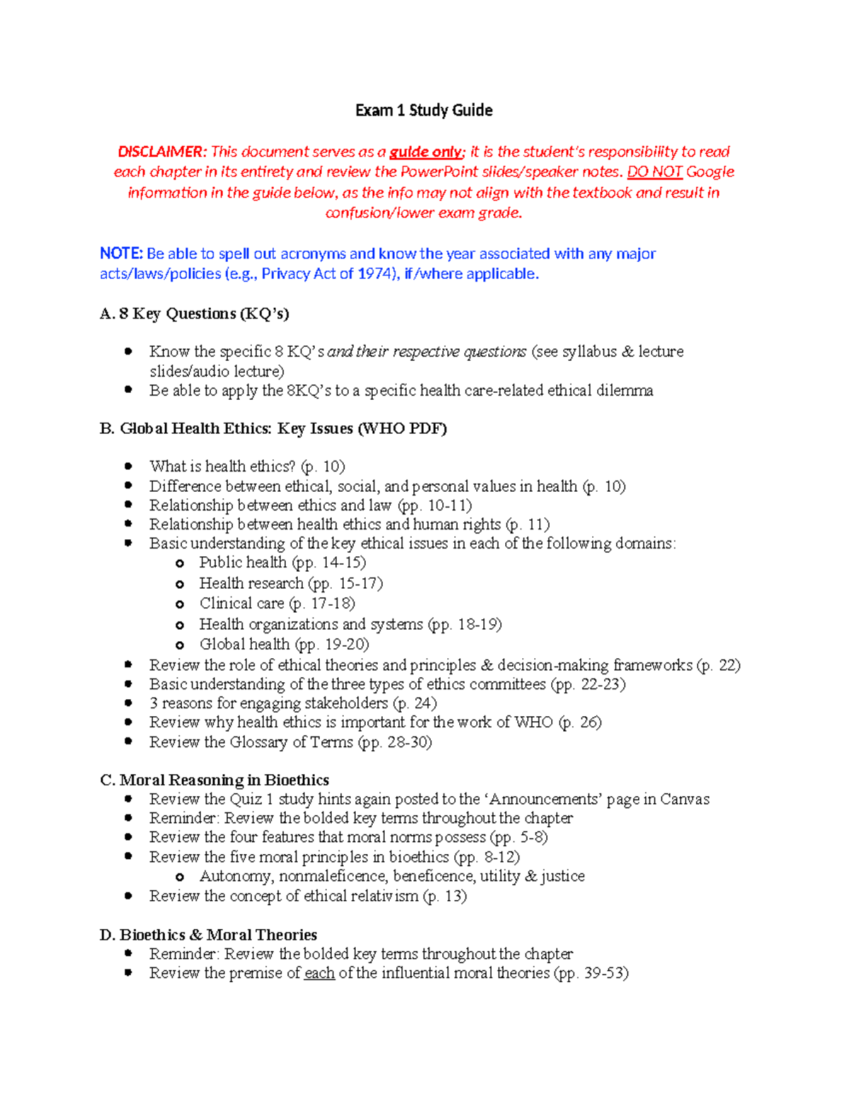 Exam 1 Study Guide - Exam 1 Study Guide DISCLAIMER: This document ...