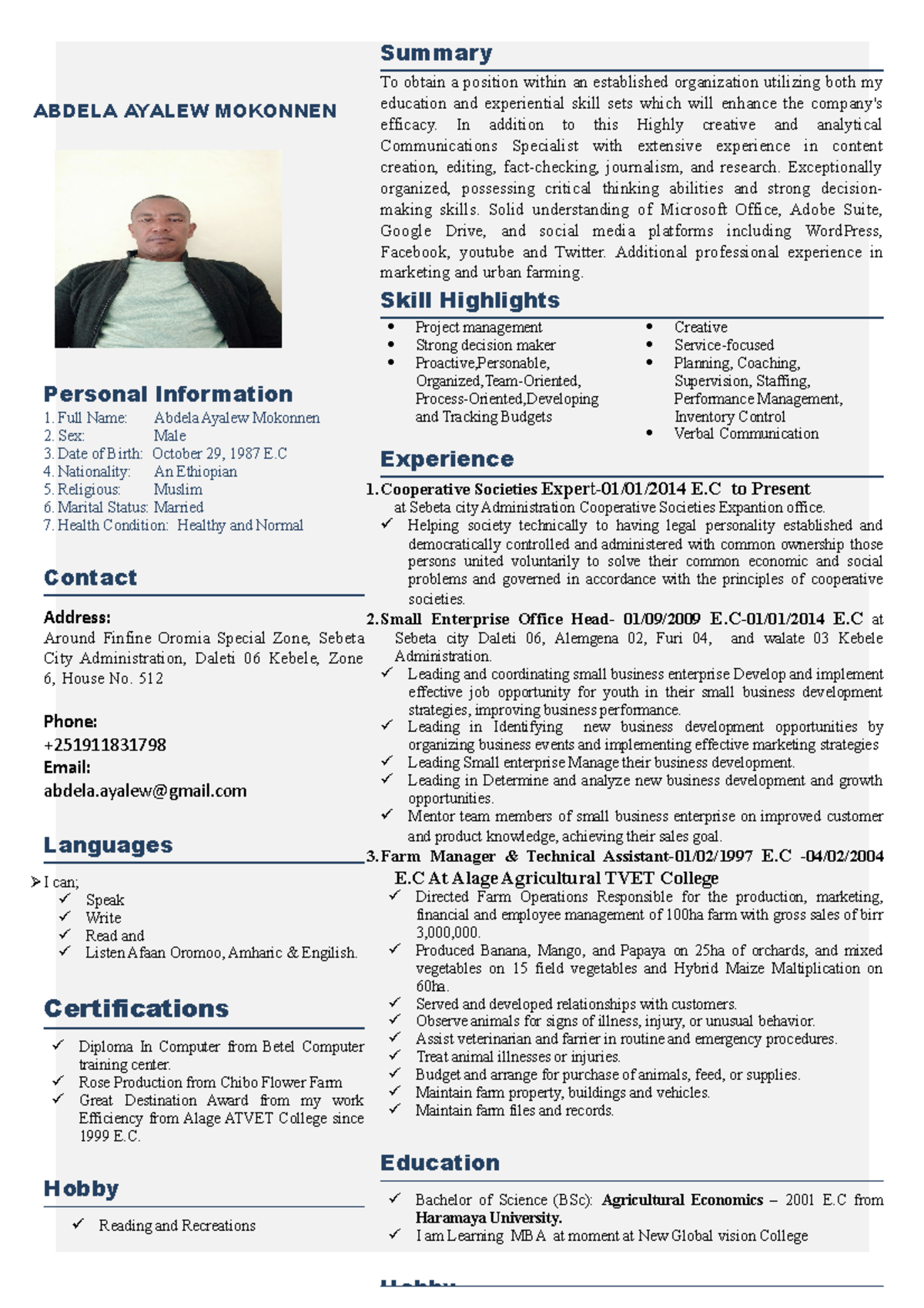 Abdela cv with photo 02 - Personal Information 1 Name: Abdela Ayalew ...