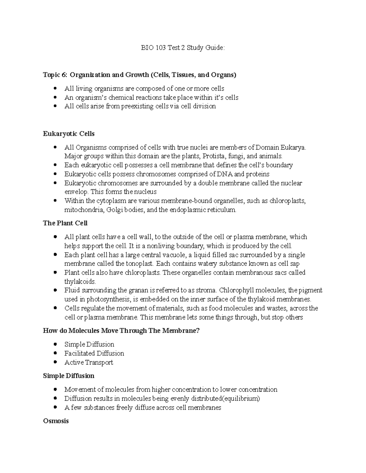 BIO 103 Test 2 Study Guide - BIO 103 Test 2 Study Guide: Topic 6 ...