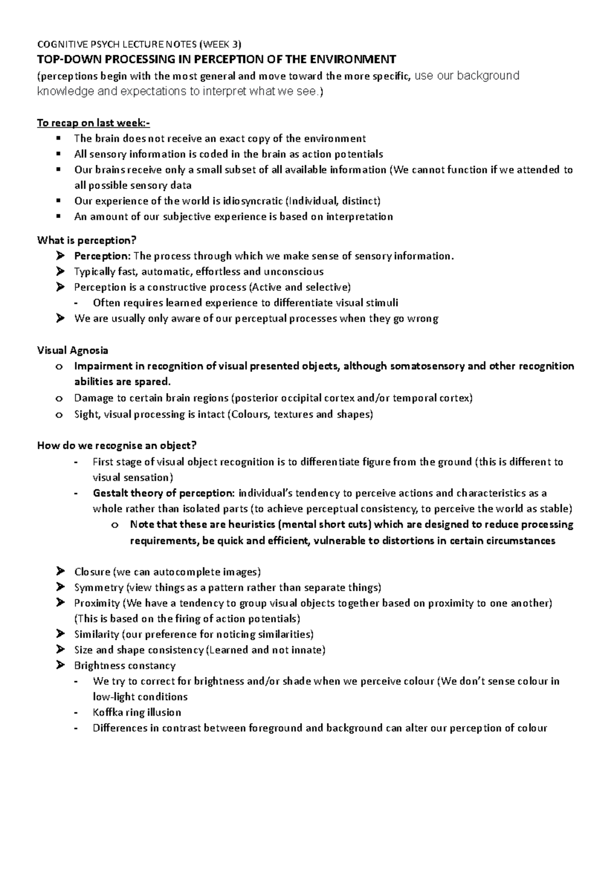 Cog psych lec notes (WEEK 3) - COGNITIVE PSYCH LECTURE NOTES (WEEK 3 ...