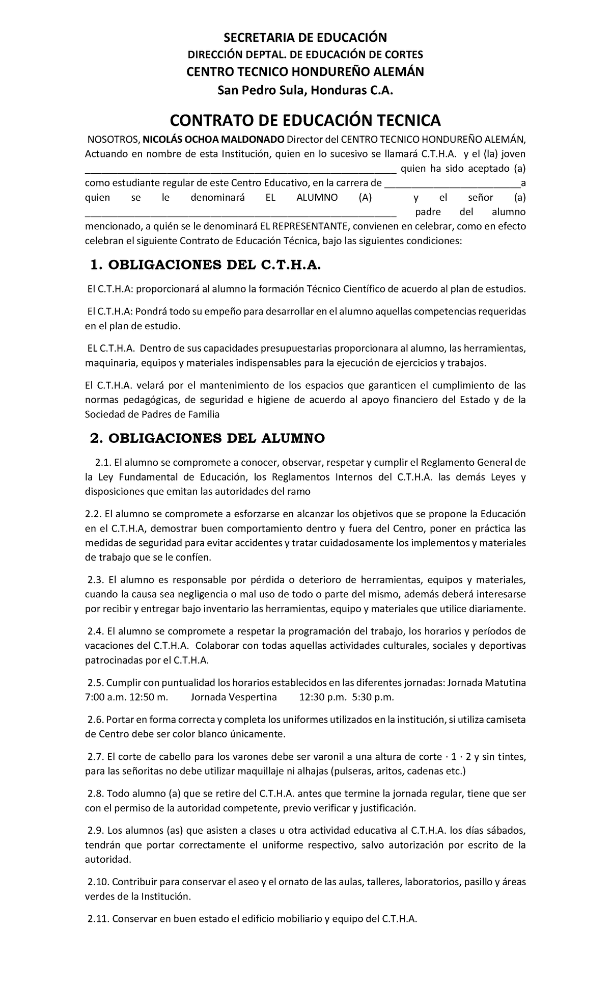 Contrato DE Educacion Tecnica Primer Ingreso - SECRETARIA DE EDUCACIÓN ...