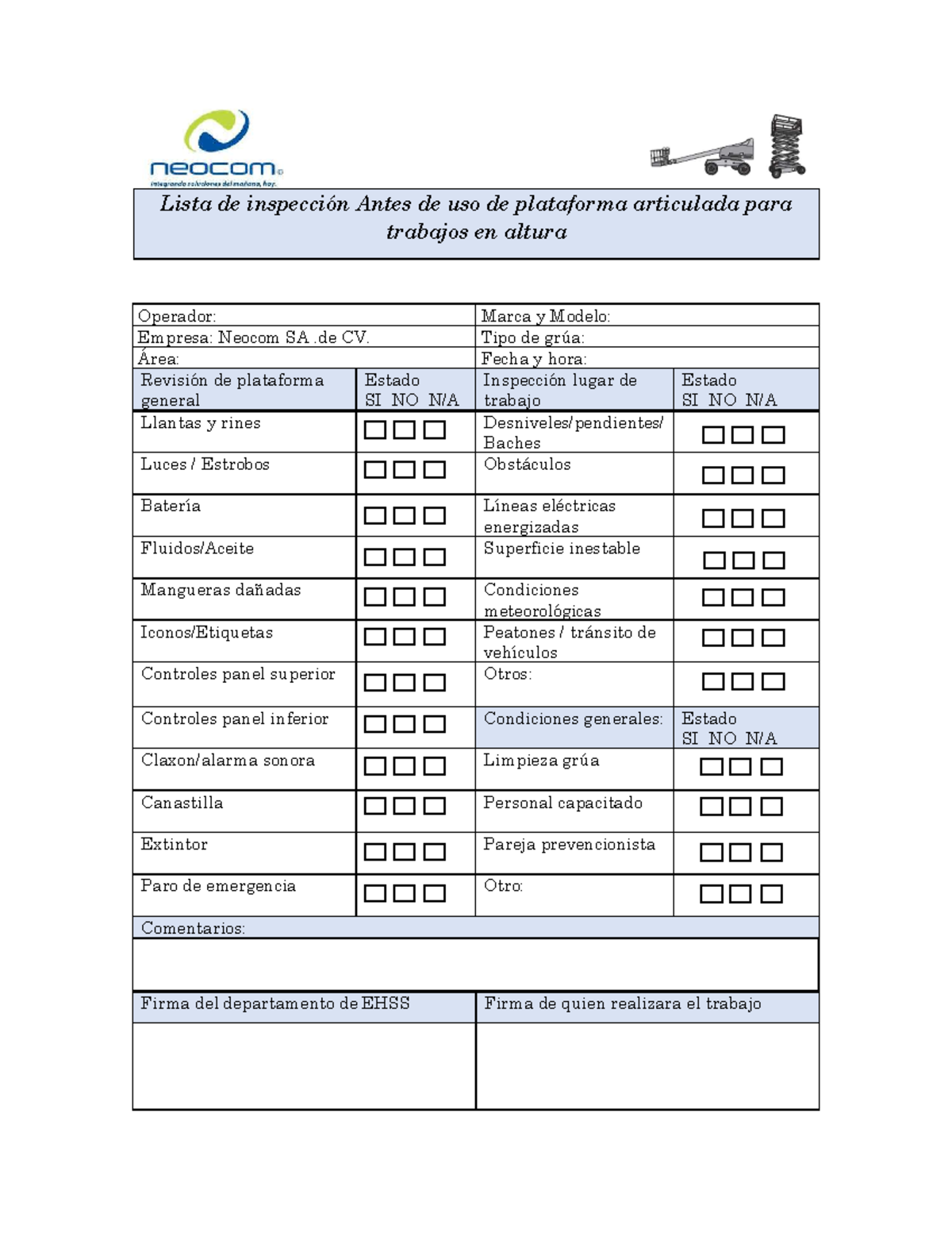 Check List Plataforma - Security data - Operador: Marca y Modelo ...