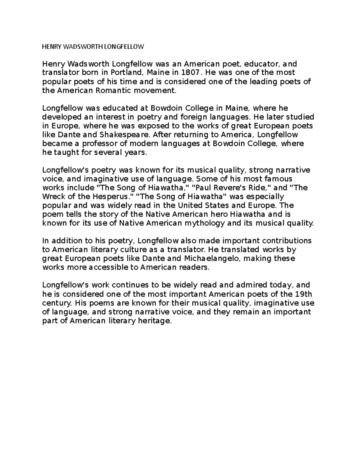 Henry Wadsworth Longfellow - HENRY WADSWORTH LONGFELLOW Henry Wadsworth ...