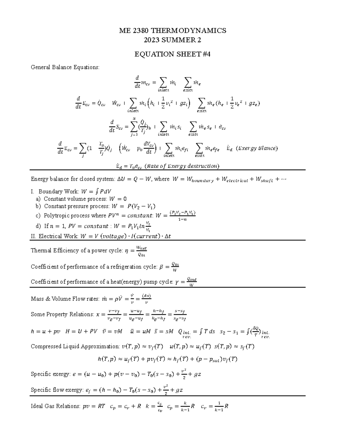 Formula Sheet for test 5 - ME 2380 THERMODYNAMICS 2 023 SUMMER 2 ...