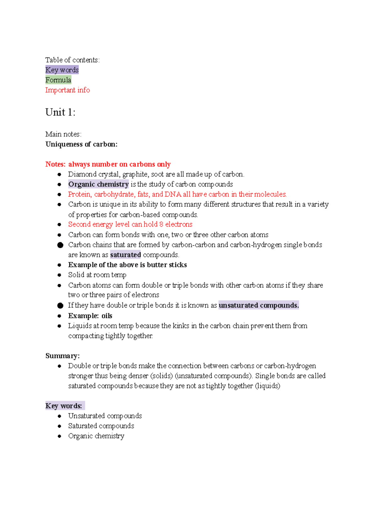 Organic chem Notes - Table of contents: Key words Formula Important ...