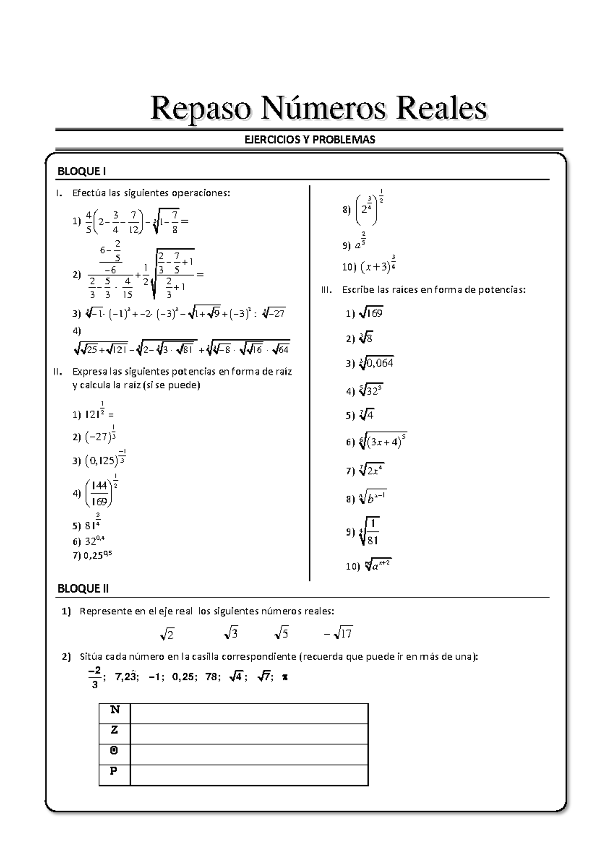 Repaso de numeros reales - Repaso Números Reales EJERCICIOS Y PROBLEMAS ...