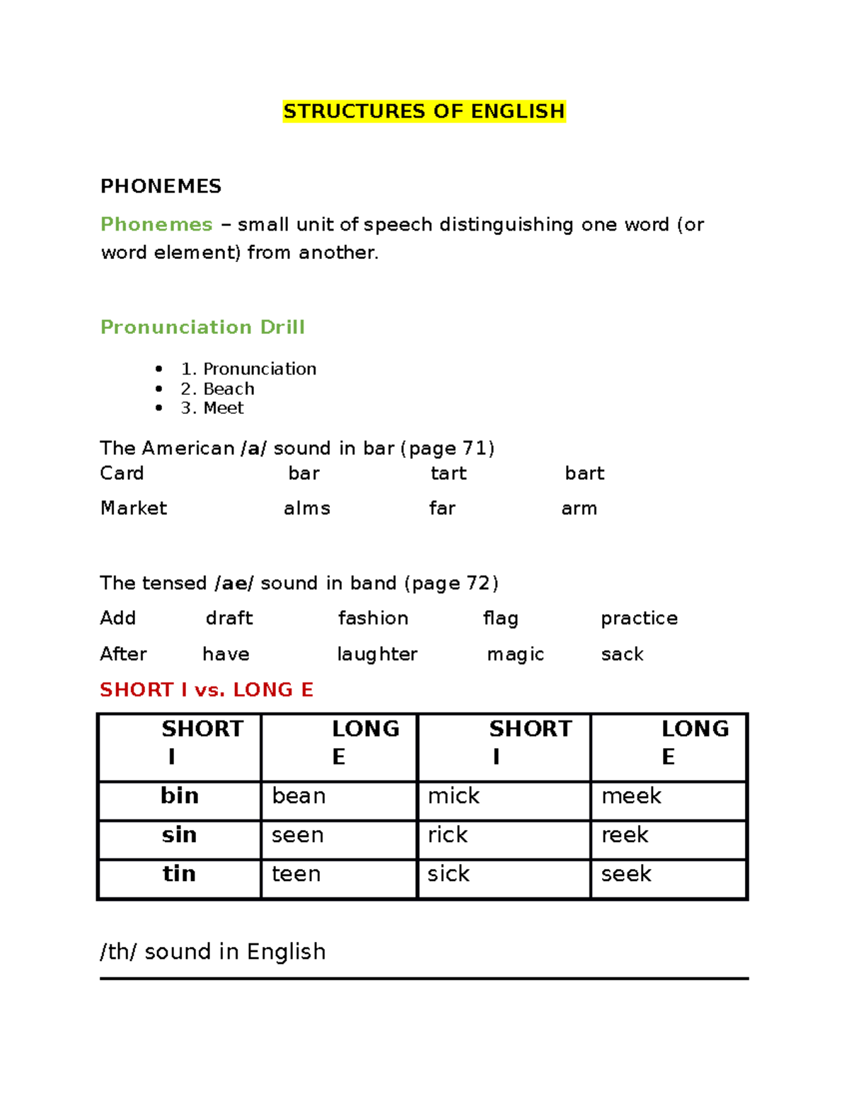 Structure od english - STRUCTURES OF ENGLISH PHONEMES Phonemes – small ...