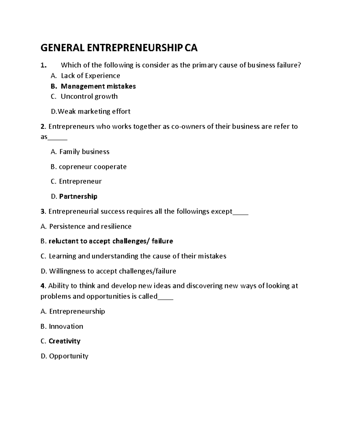 GST 311 PAST Question - GENERAL ENTREPRENEURSHIP CA Which of the following is consider as the ...