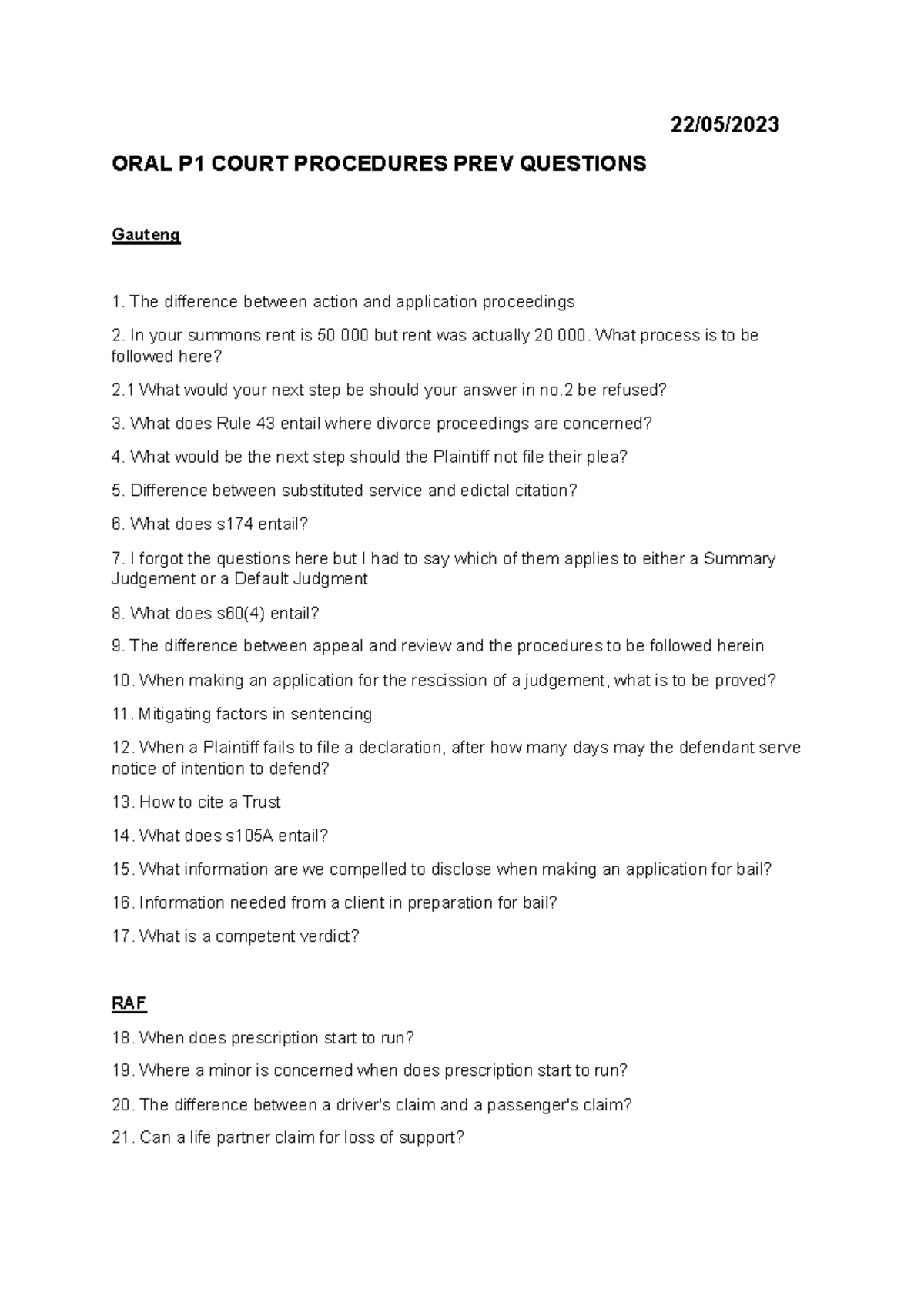 Paper 1 PAST ORAL Questions - 22/05/ ORAL P1 COURT PROCEDURES PREV ...