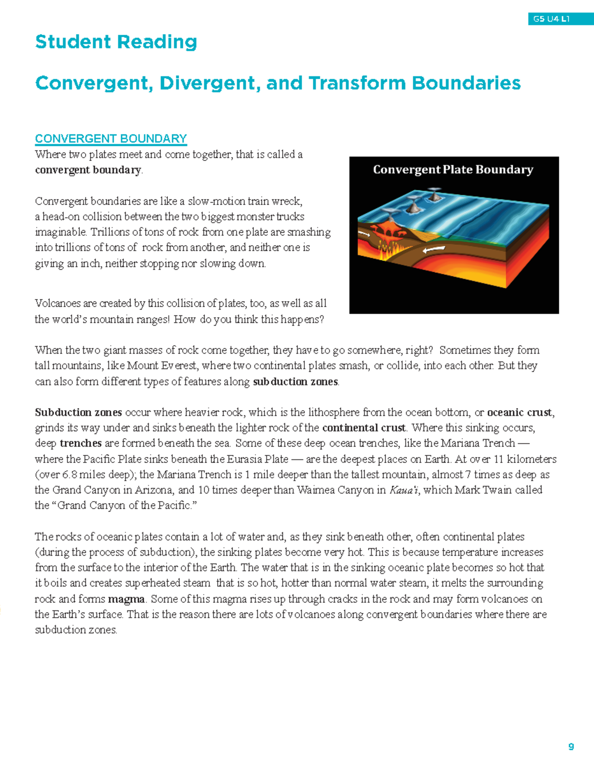 Plate boundaries - G 5 U 4 OVR student Reading Convergent, Divergent ...