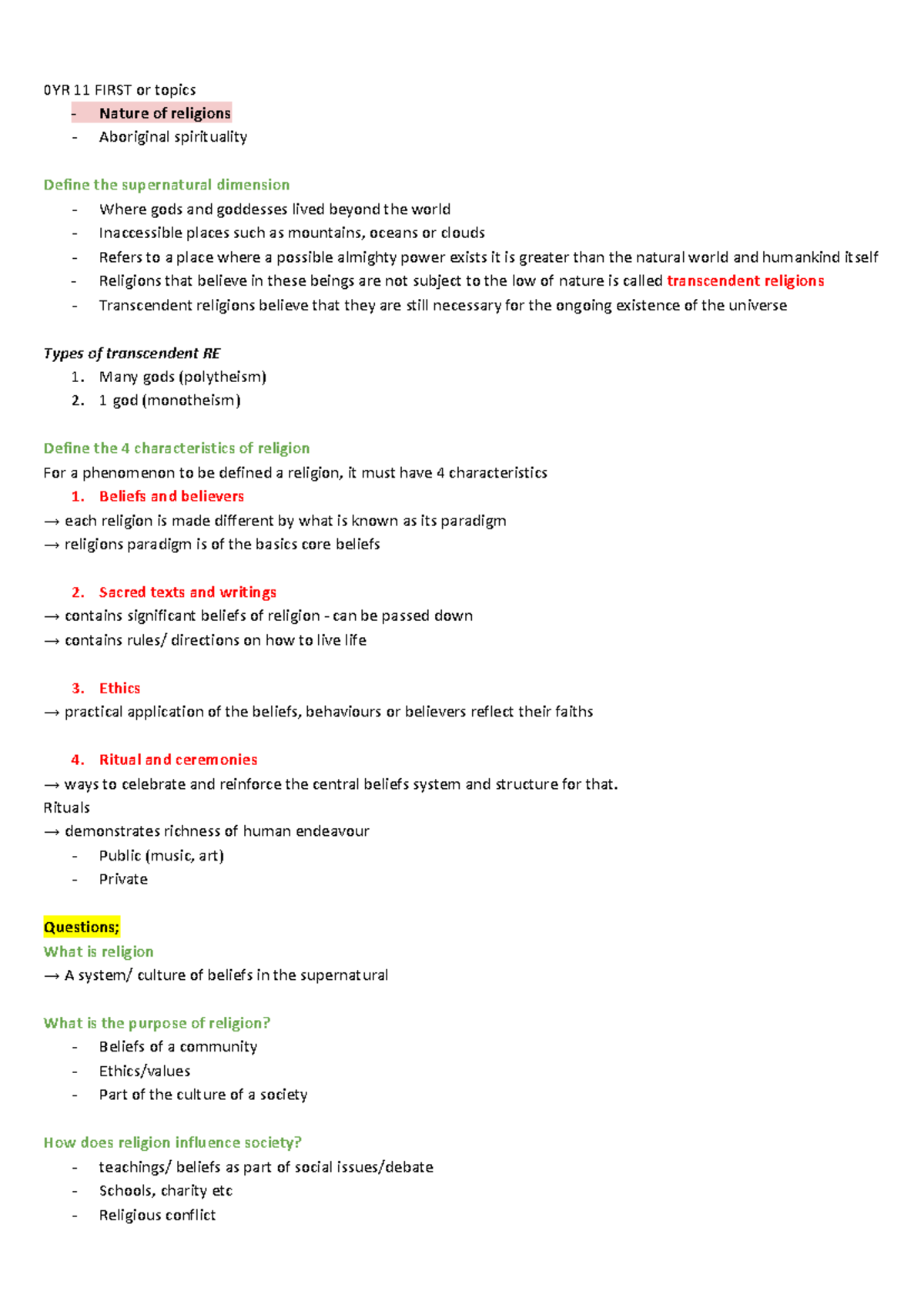 Year 11 studies of Religion: aboriginal spirituality & nature of ...