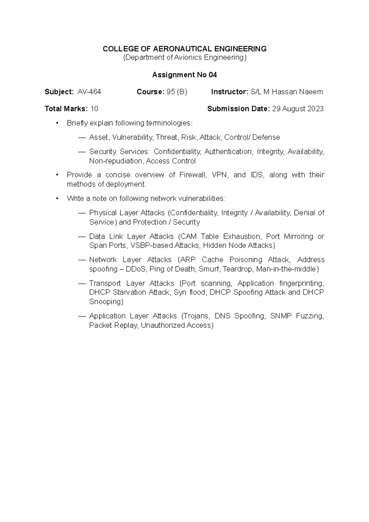 AV-464 Assignment 4 (95B) - COLLEGE OF AERONAUTICAL ENGINEERING (Department of Avionics ...