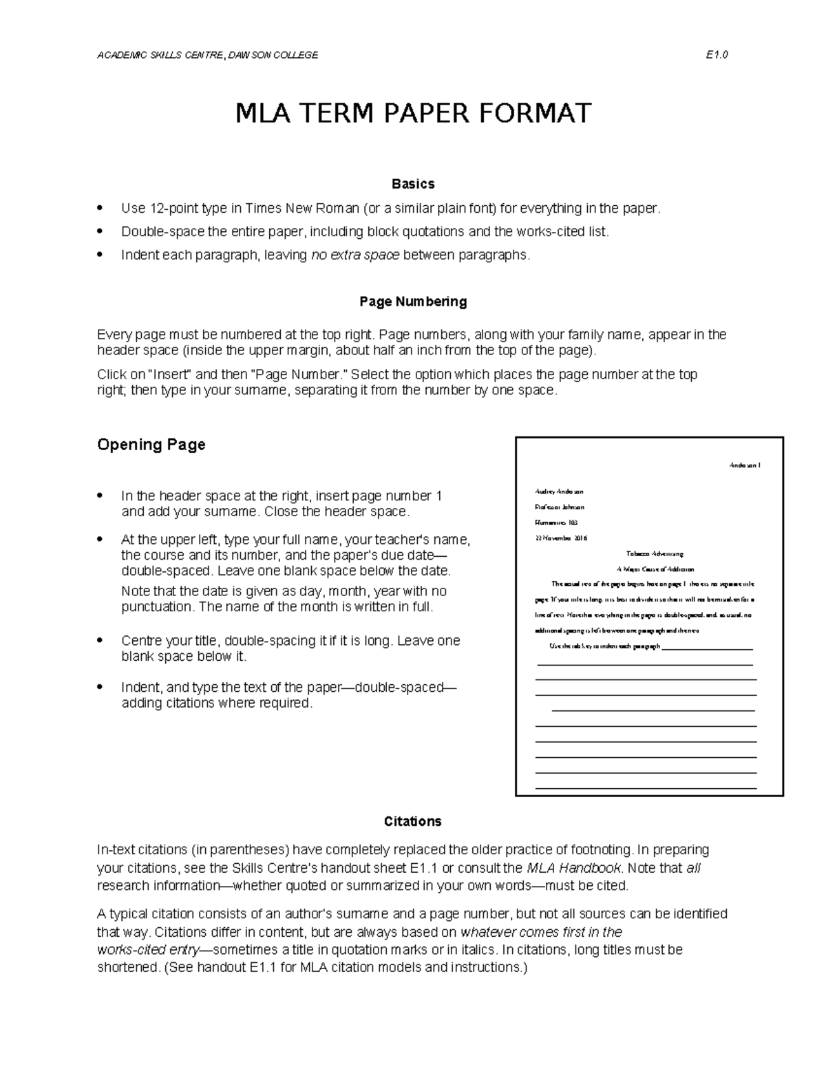 MLA-Term-Paper-Format - ACADEMIC SKILLS CENTRE, DAWSON COLLEGE E1. MLA ...