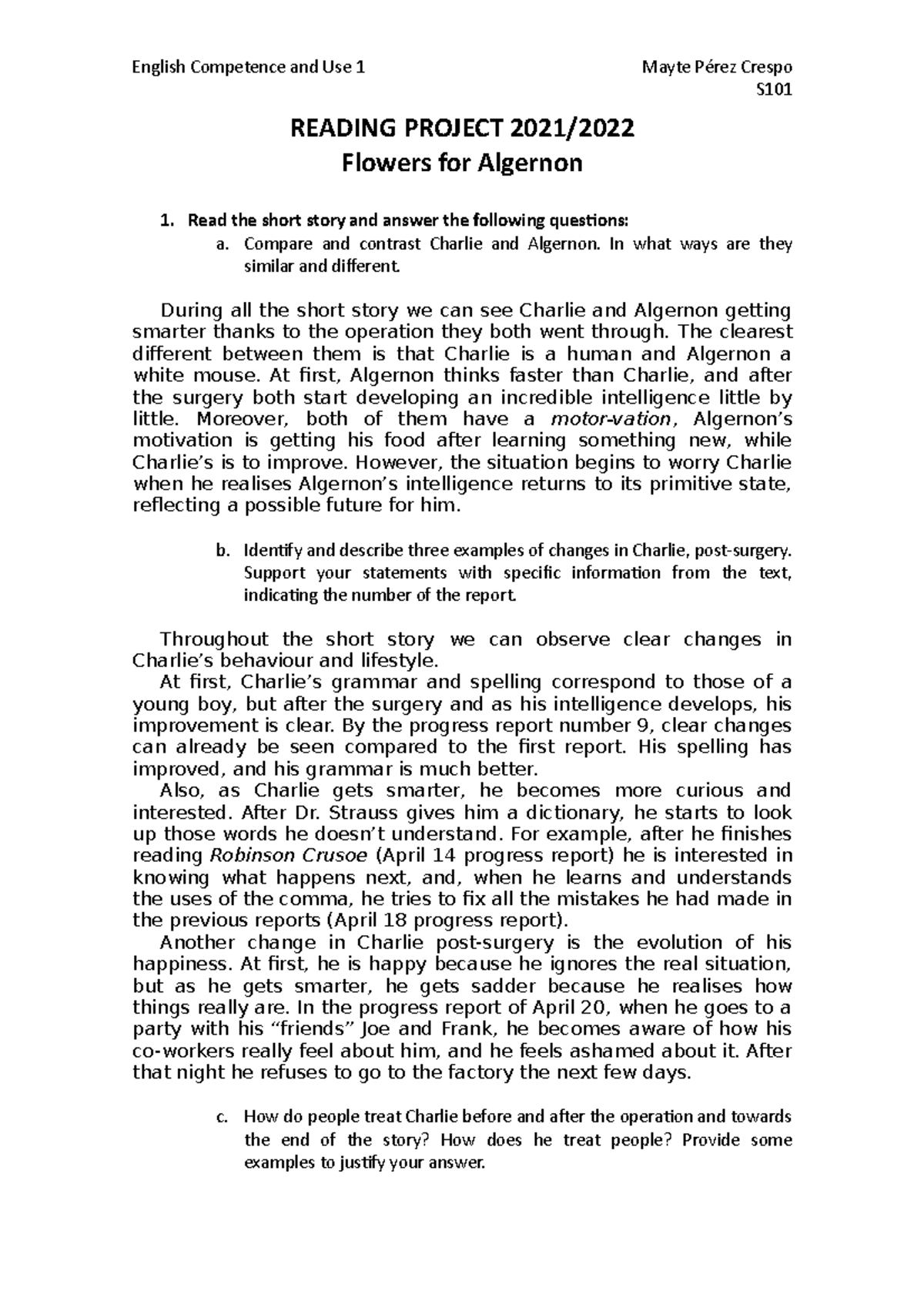 Reading Project - Flowers for Algernon - S READING PROJECT 2021 ...