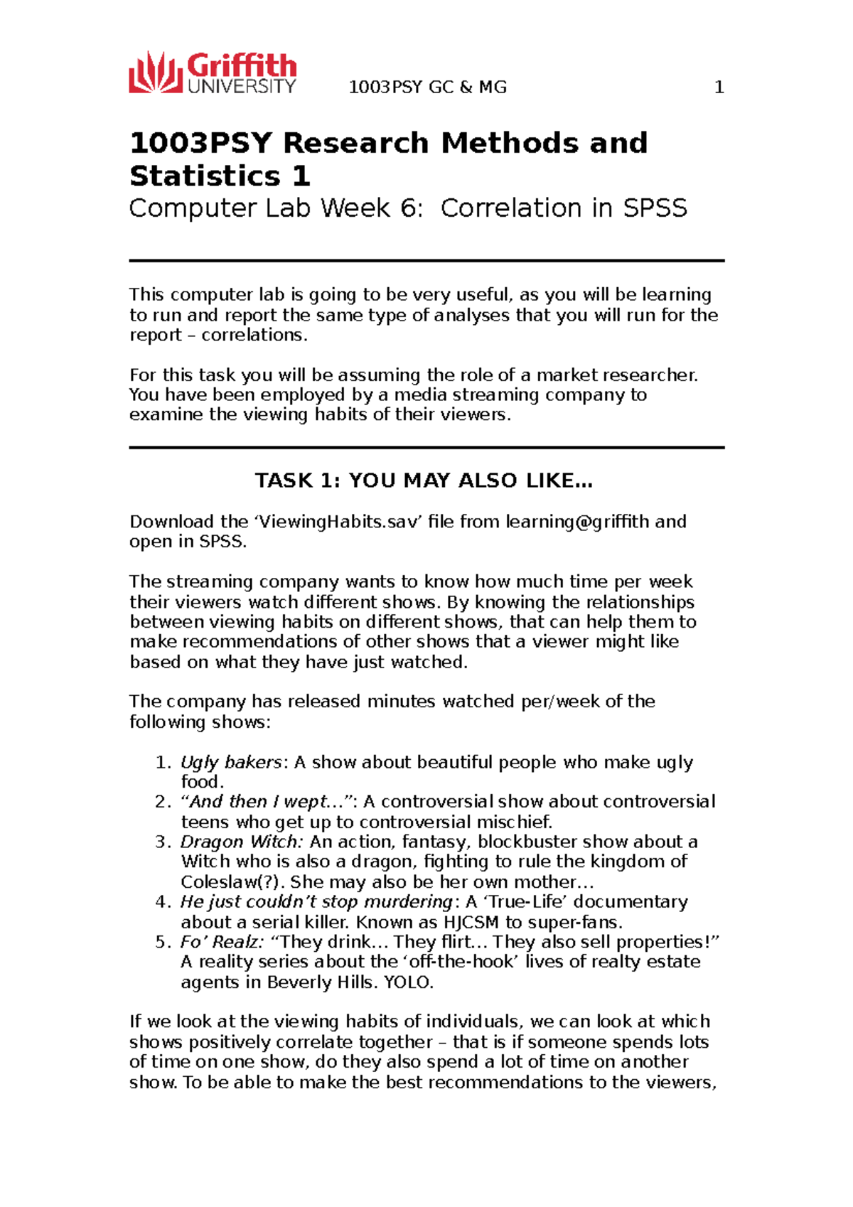 Worksheet Week 6 Computer Lab 2019 - 1003PSY Research Methods and ...