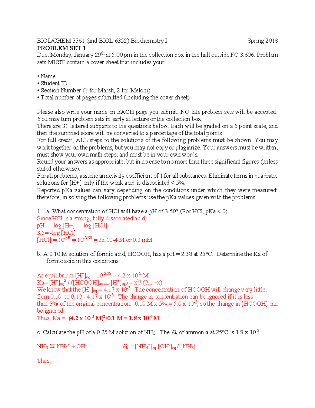 Biochem 3361 Problem Set 1 - BIOL/CHEM 3361 (and BIOL 6352) Biochemistry I Spring 2018 PROBLEM ...