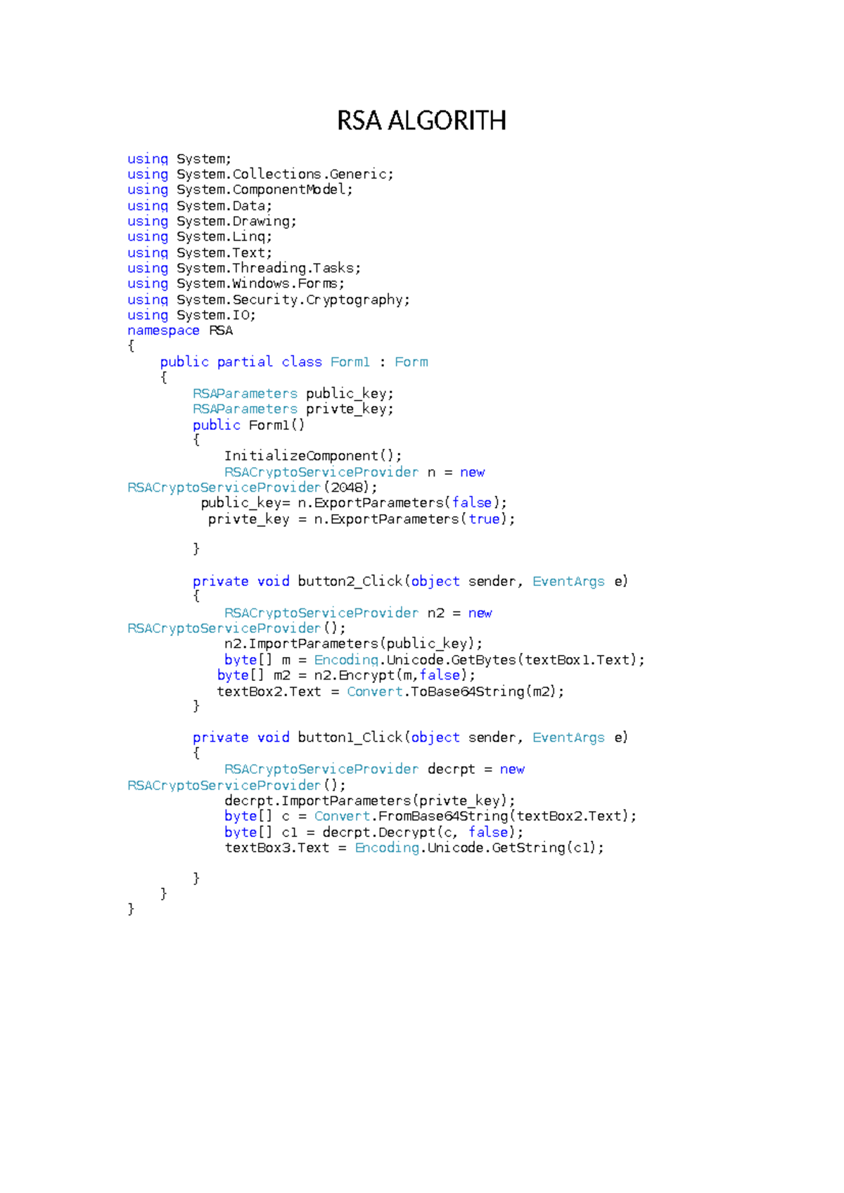 Rsa - Rsa - RSA ALGORITH using System; using System.Collections; using System; using System ...