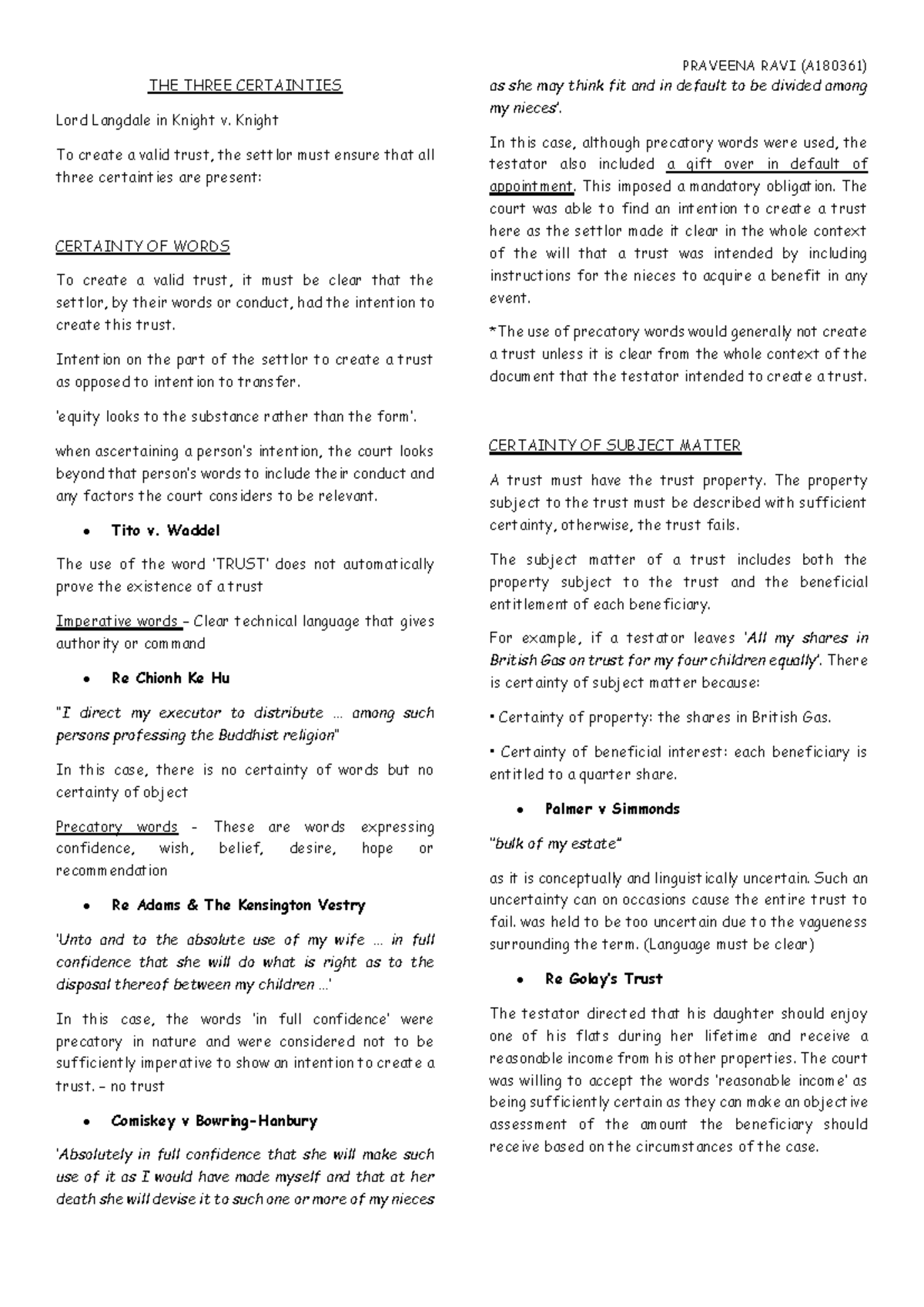 Three Certainties - PRAVEENA RAVI (A180361) THE THREE CERTAINTIES Lord Langdale in Knight v ...