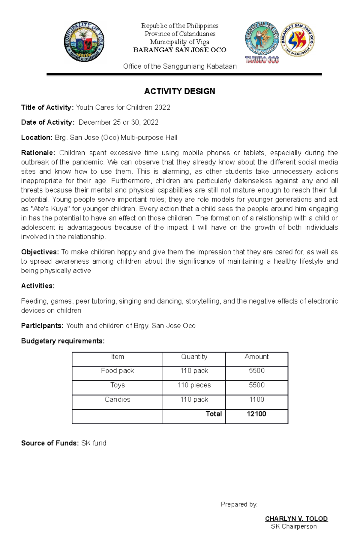 Activity Design Youth Cares for Chidren - Republic of the Philippines ...