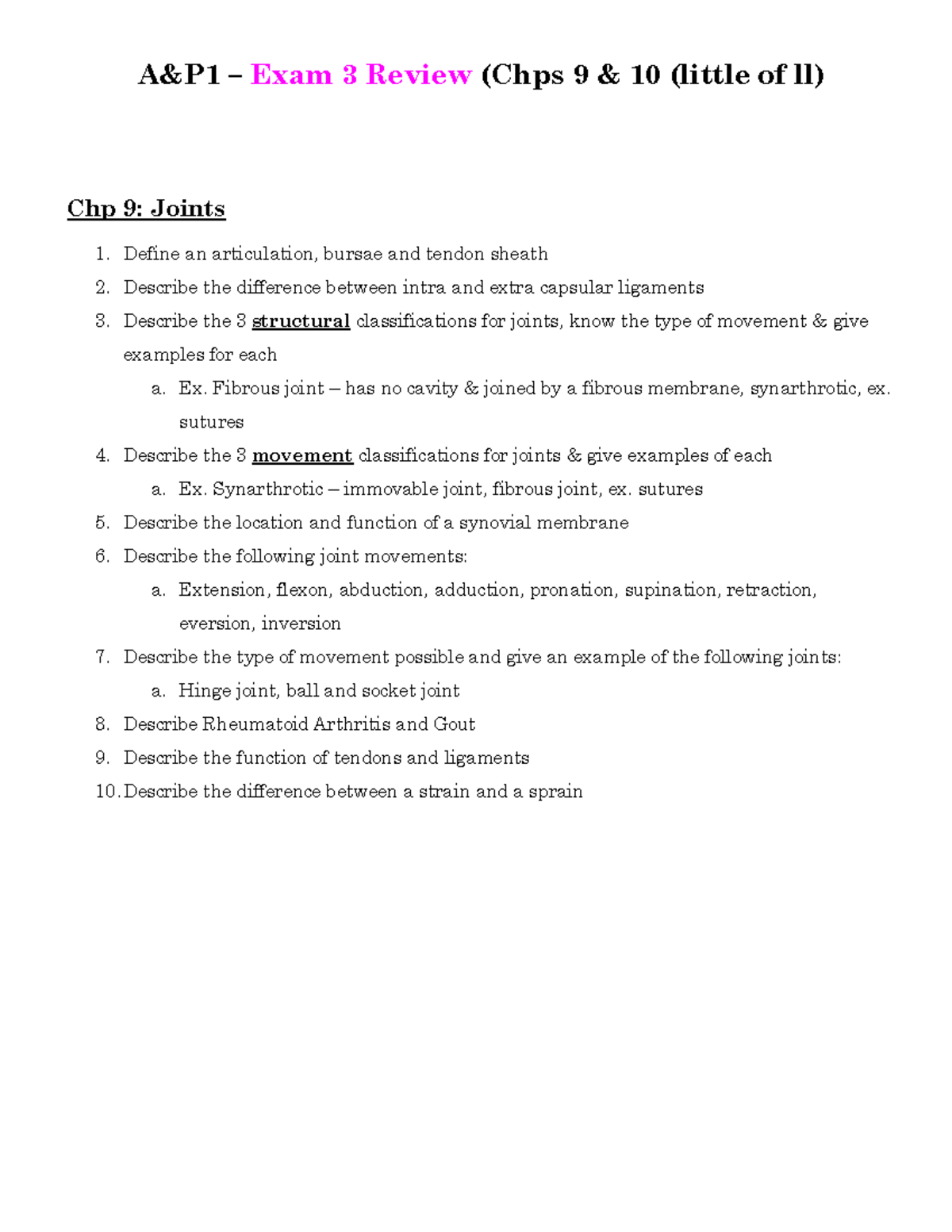 AP1 Exam 3 Review (Chps. 9,10) - A&P1 – Exam 3 Review (Chps 9 & 10 ...