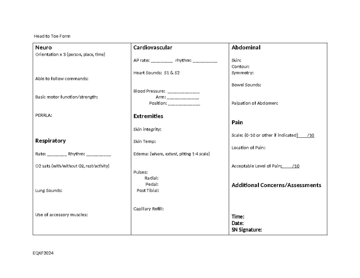Head to Toe Form S2024 - Head to toe assessment. - Head to Toe Form ...