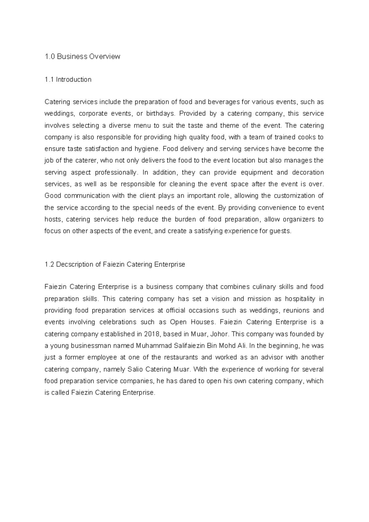 Assignment ACC116 - 1 Business Overview 1 Introduction Catering ...