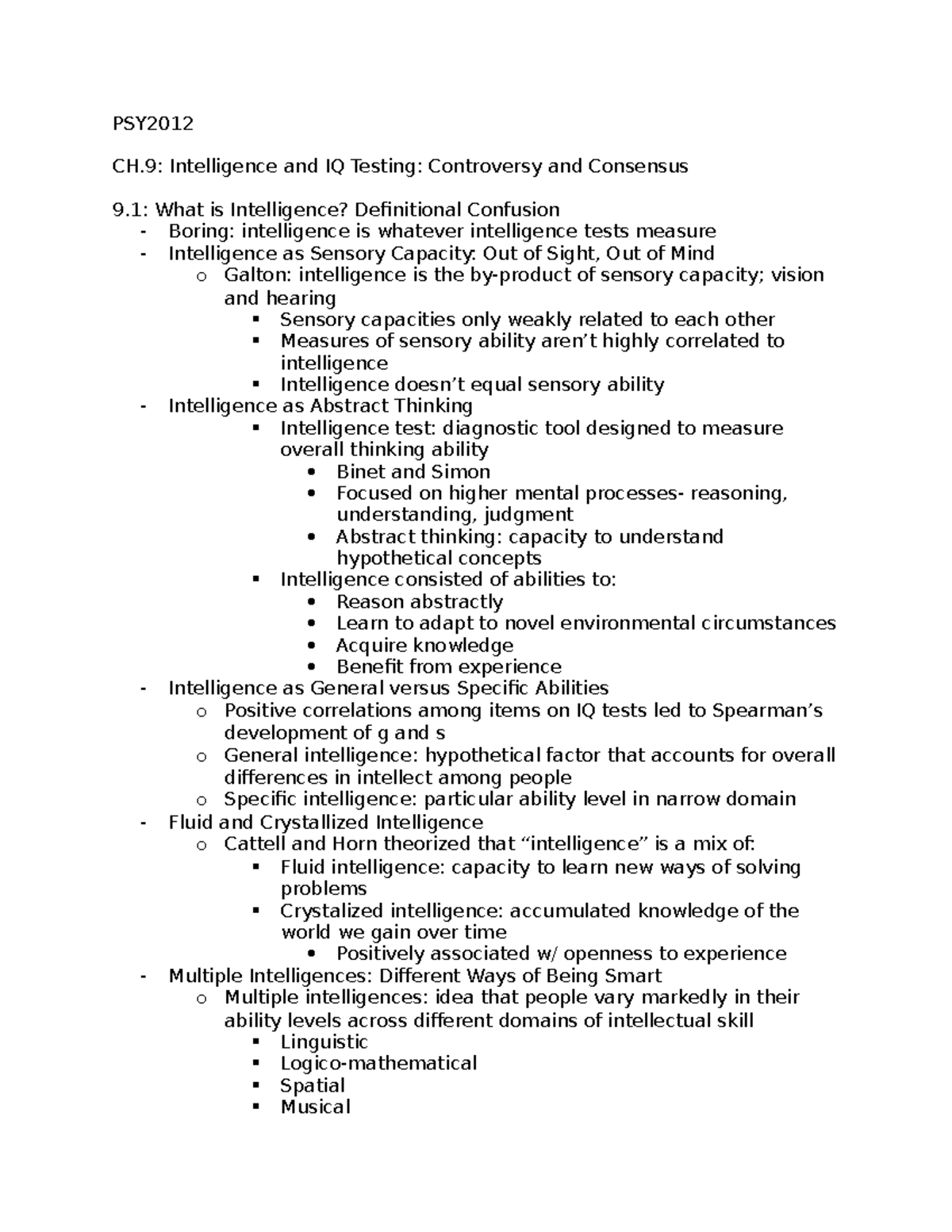CH 9 - PSY2012 CH: Intelligence and IQ Testing: Controversy and ...