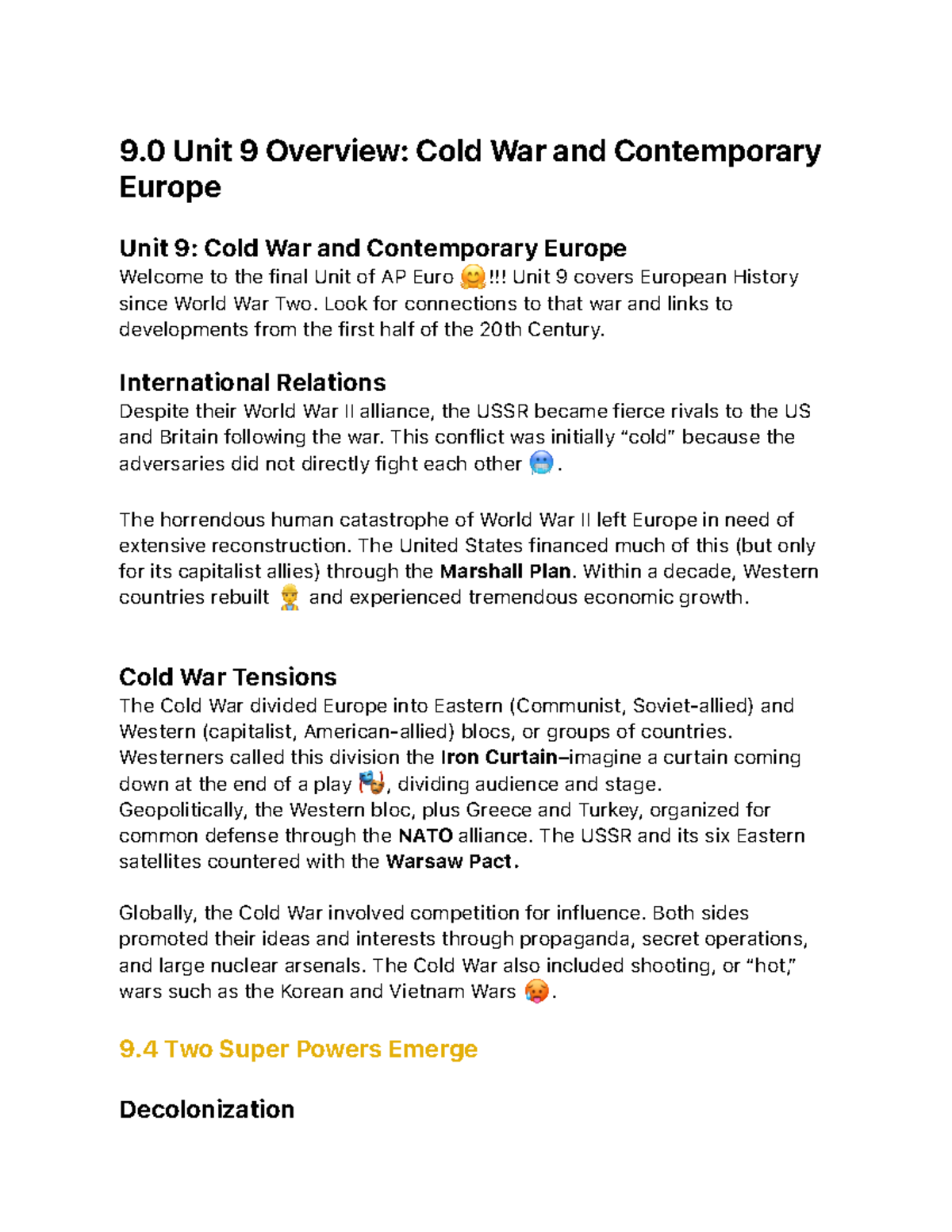 9 - unit 9 - 9 Unit 9 Overview: Cold War and Contemporary Europe Unit 9 ...