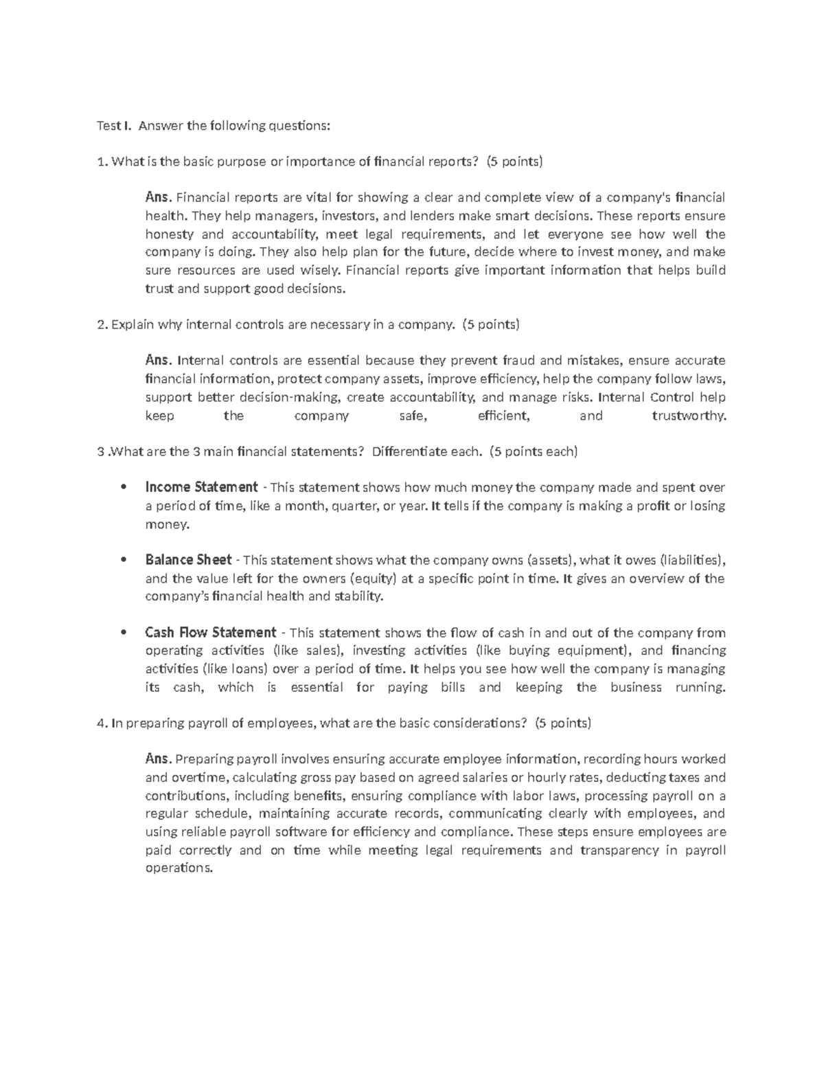 Introduction AIS - Test I. Answer the following questions: What is the ...