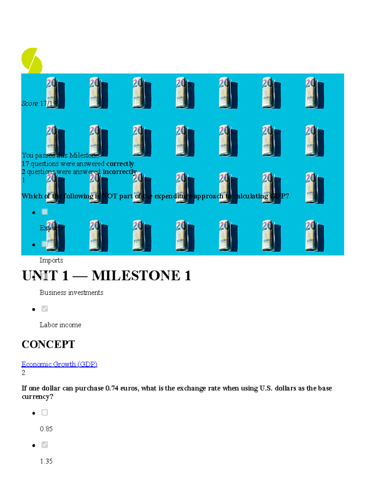 Macroeconomics unit 1 milesone 1 sophia - UNIT 1 — MILESTONE 1 Score 17/ You passed this ...