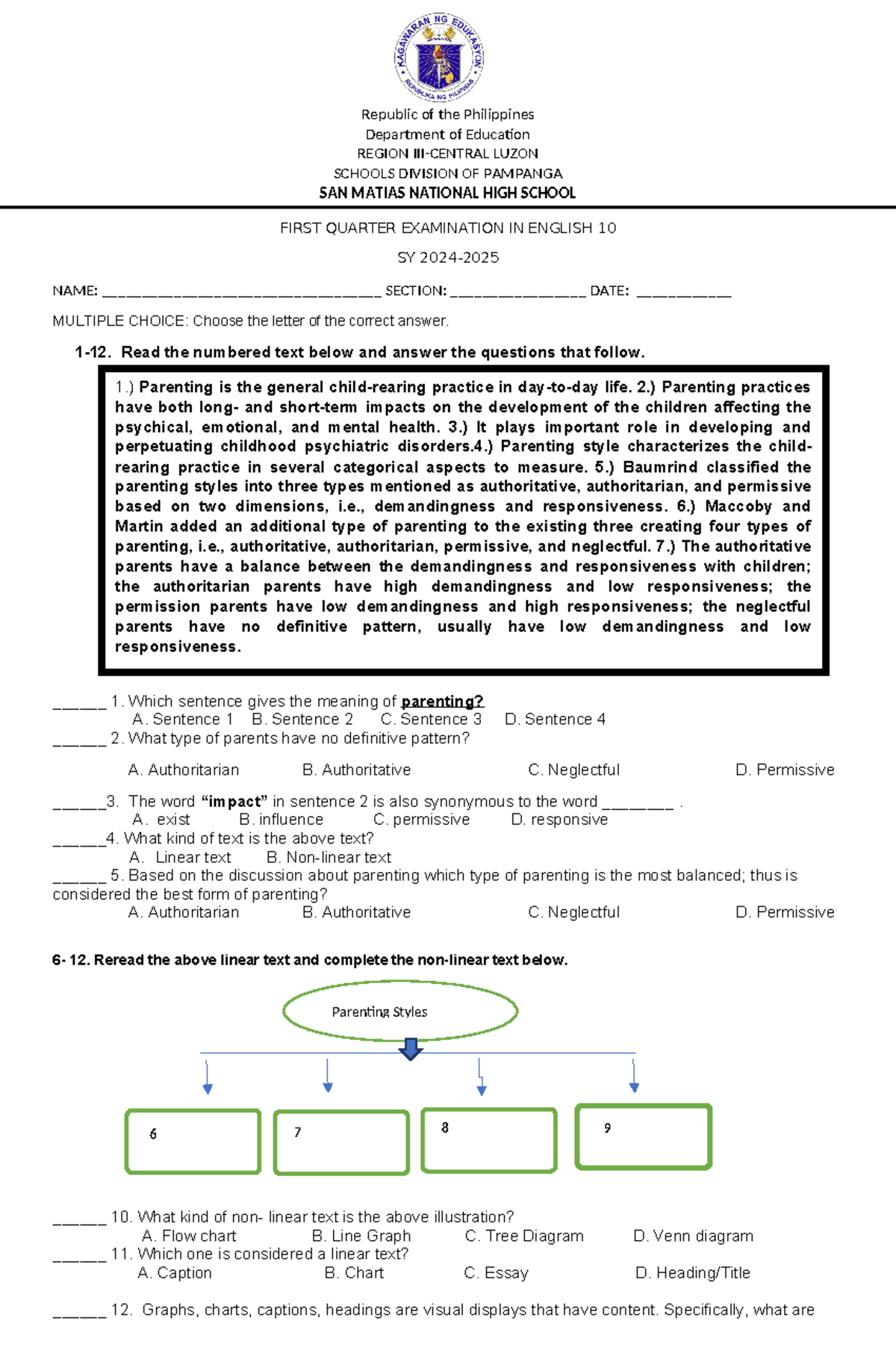 First Quarter TEST IN English 10 24 25 - Republic of the Philippines ...