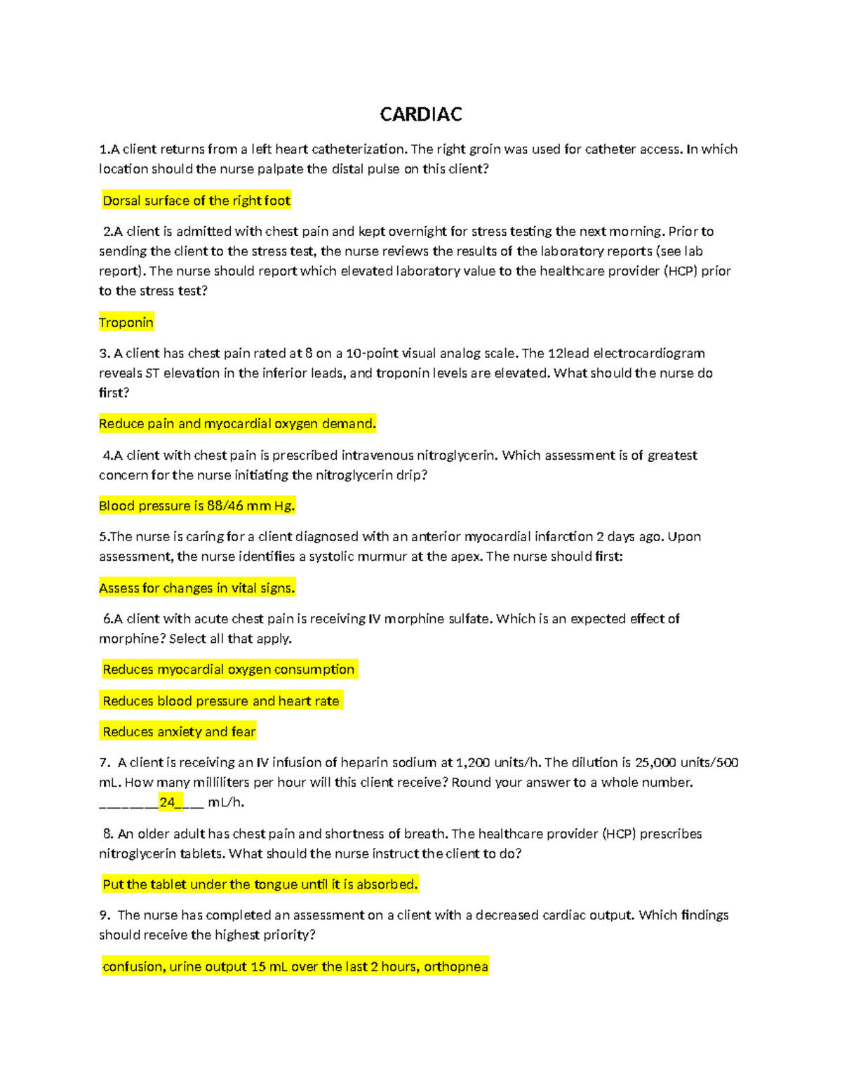Cardiac - nursing note - CARDIAC 1 client returns from a left heart ...