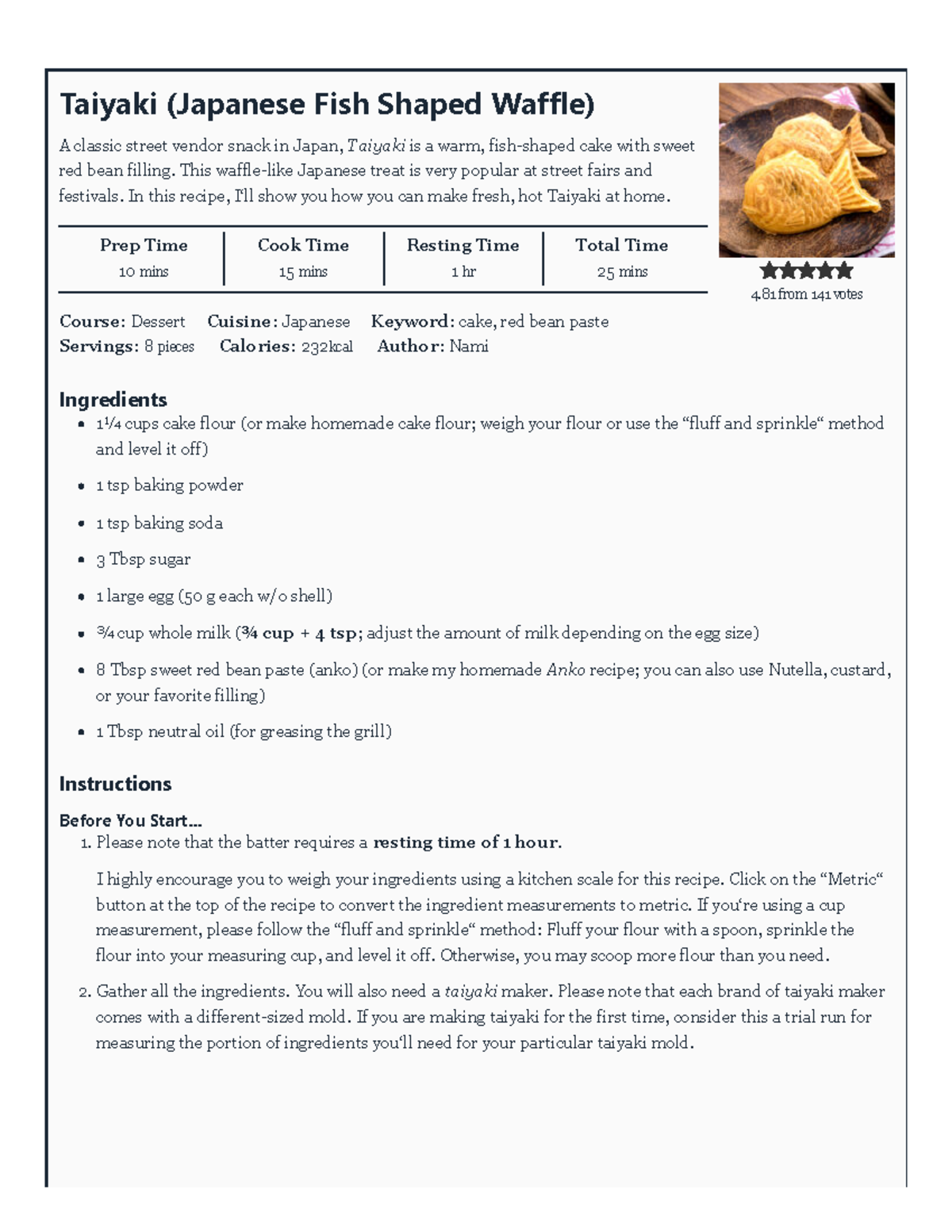 Taiyaki (Japanese Fish Shaped Waffle) - Just One Cookbook - Taiyaki (Japanese Fish Shaped Waffle ...