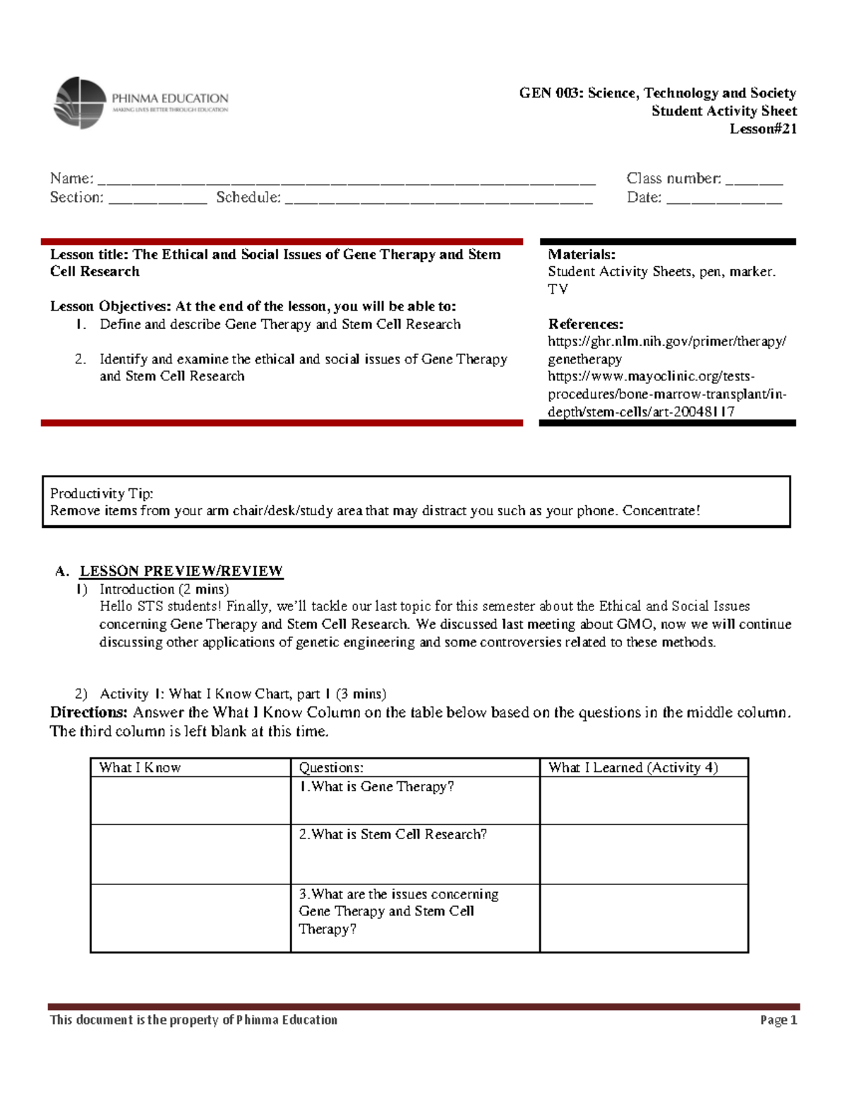 GEN 003 MODULE 21 - Student Activity Sheet Lesson# Name: - Studocu