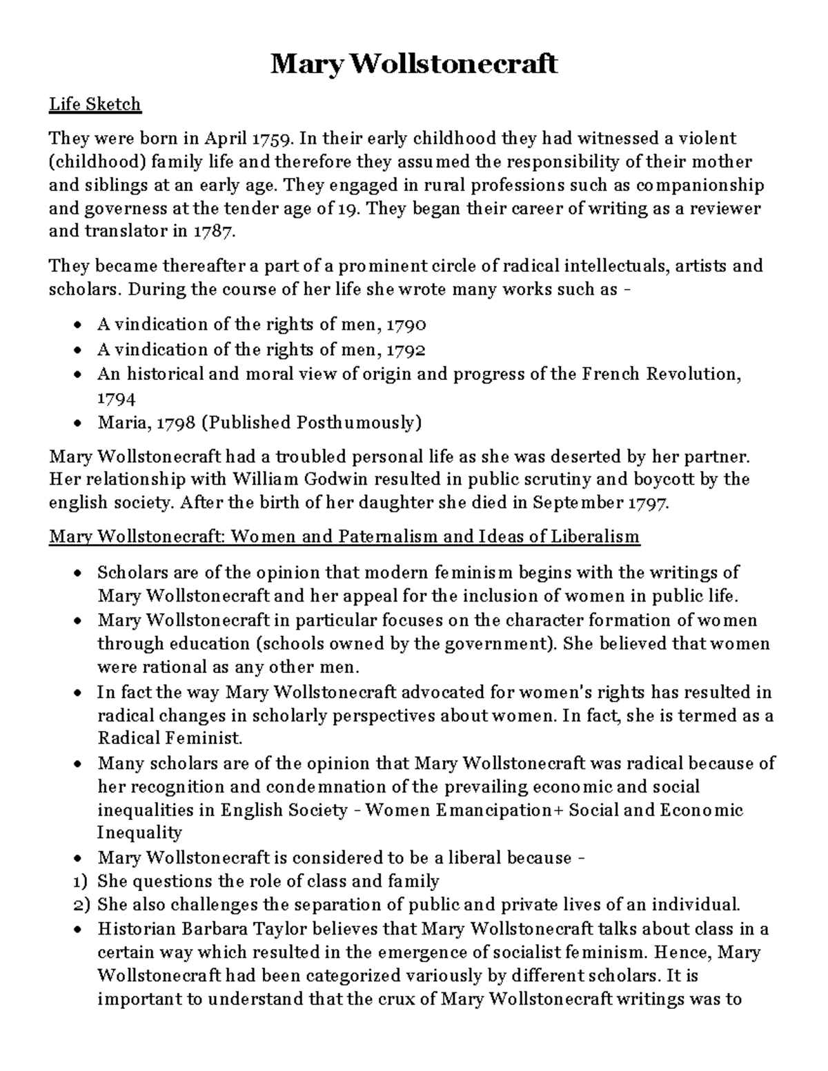 Mary Wollstonecraft - Mary Wollstonecraft Life Sketch They were born in ...