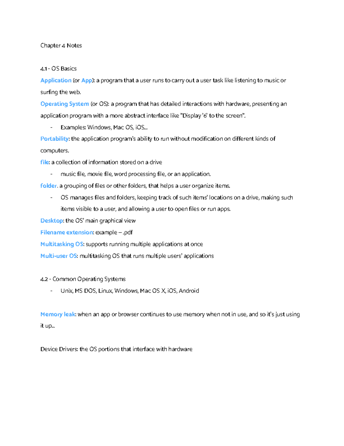 Chapter 4 Notes - Chapter 4 Notes 4 - OS Basics Application (or App ...