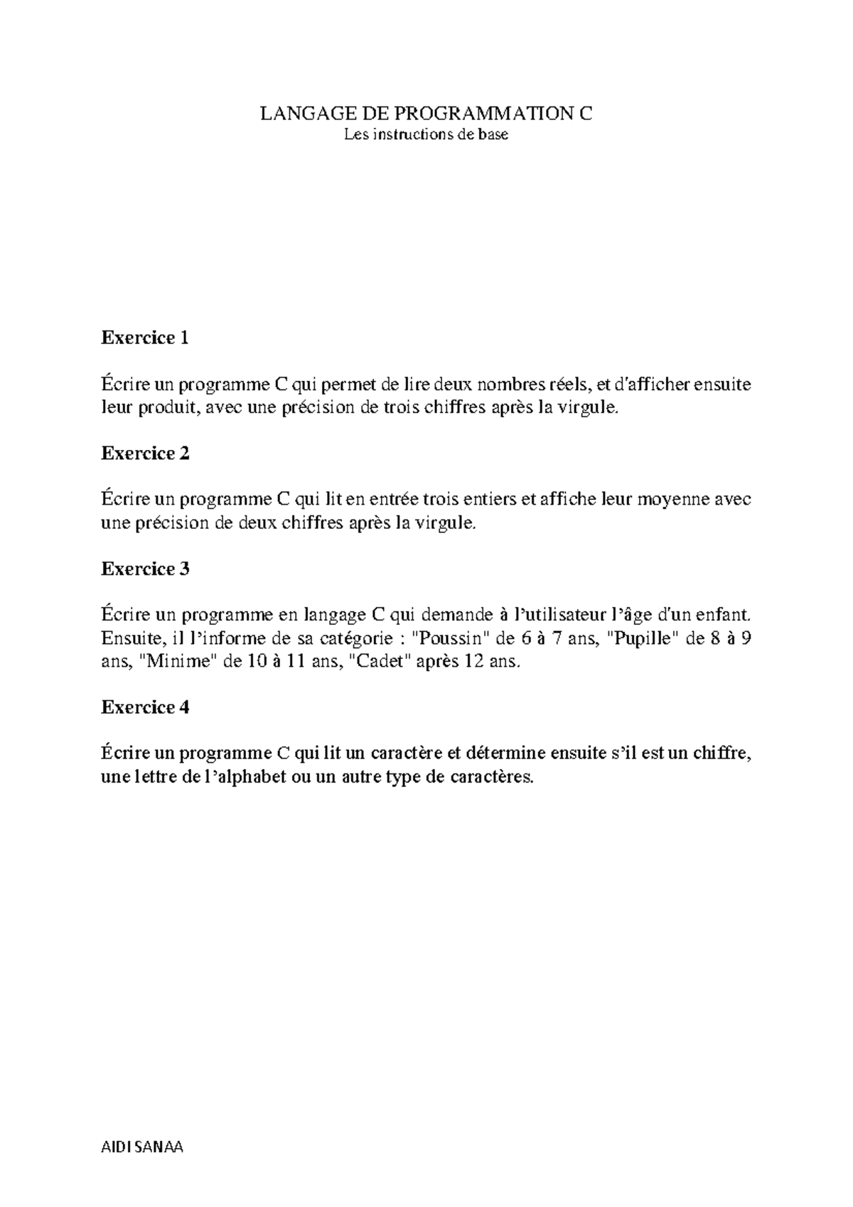 Serie Instruction DE BASE - AIDI SANAA LANGAGE DE PROGRAMMATION C Les ...