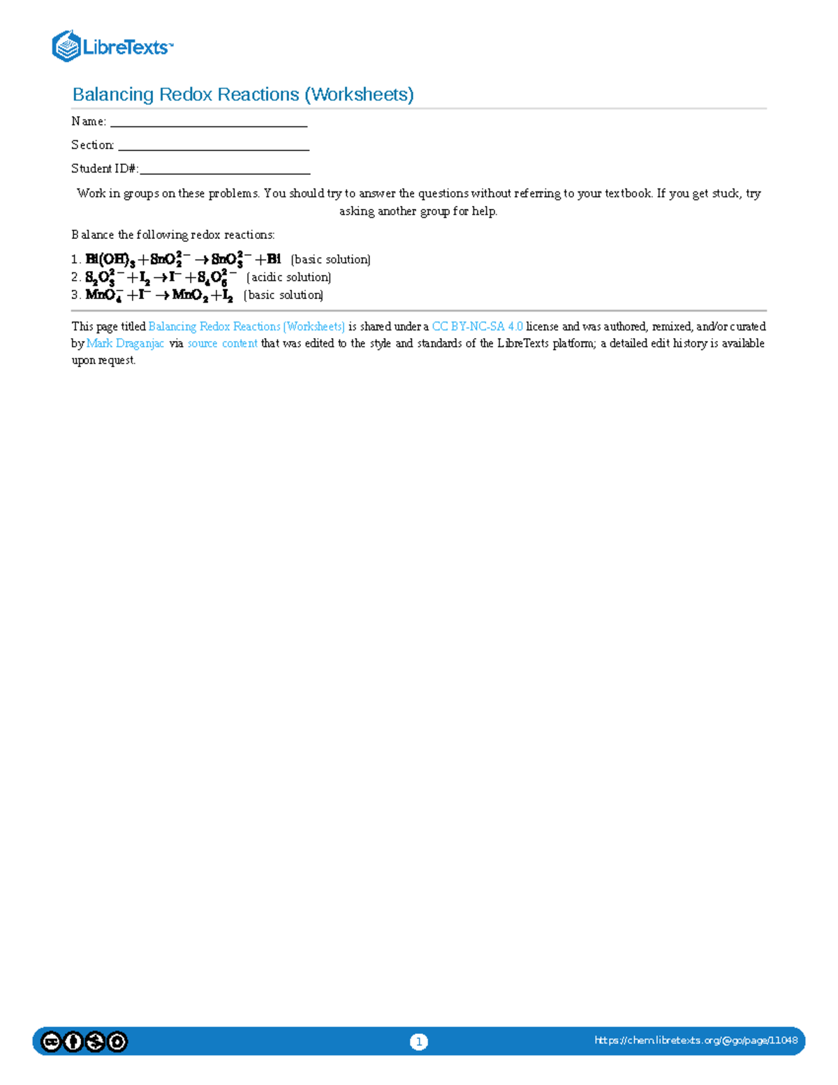 Balancing Redox Reactions (Worksheets) - 1 chem.libretexts/@go/page ...