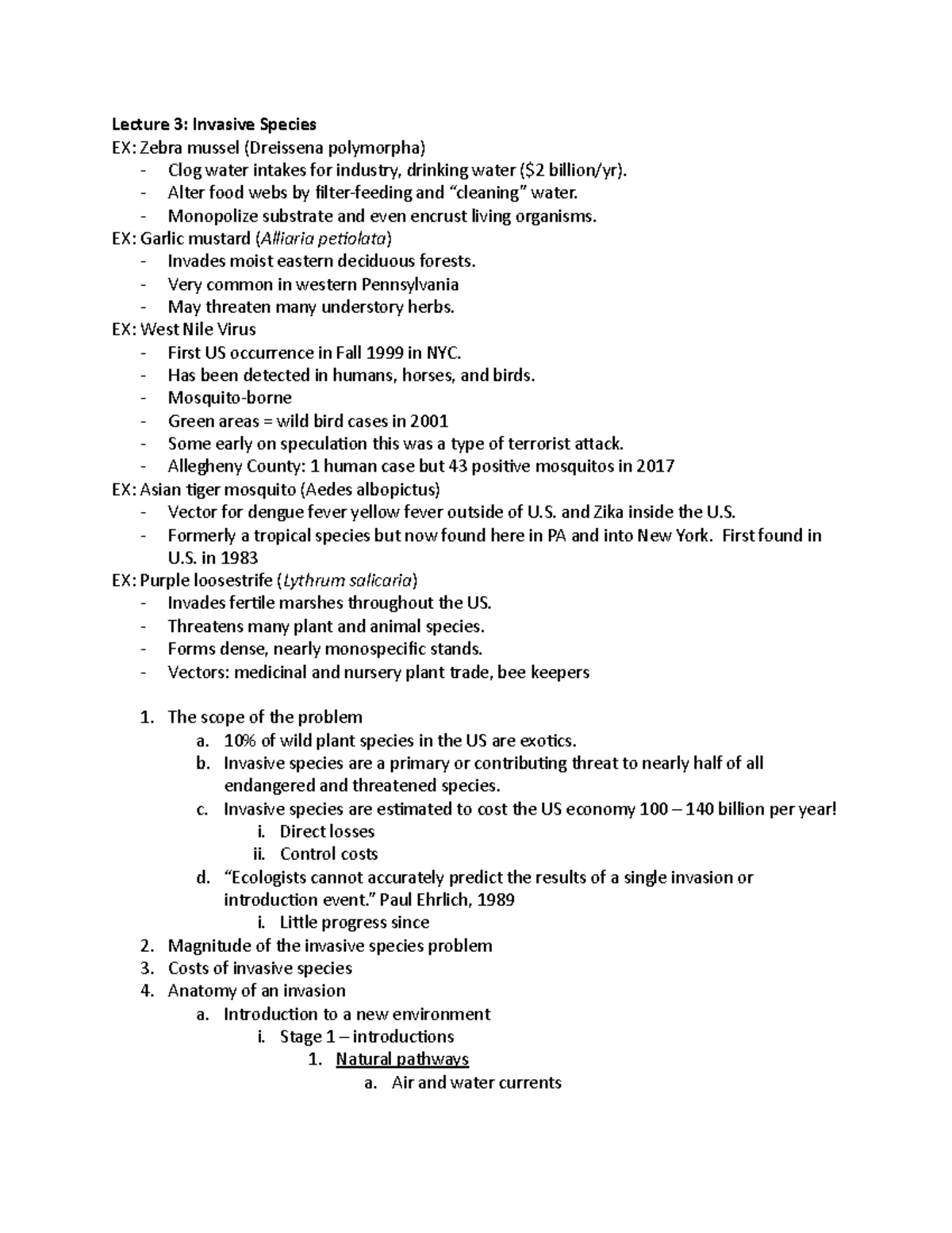 Chapter 3 - lecture notes - Lecture 3: Invasive Species EX: Zebra ...
