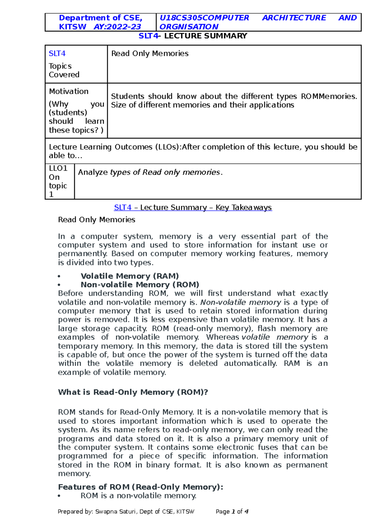SLT4 Summar CAO-2022-23 - KITSW AY:2022- ORGNISATION SLT4- LECTURE ...