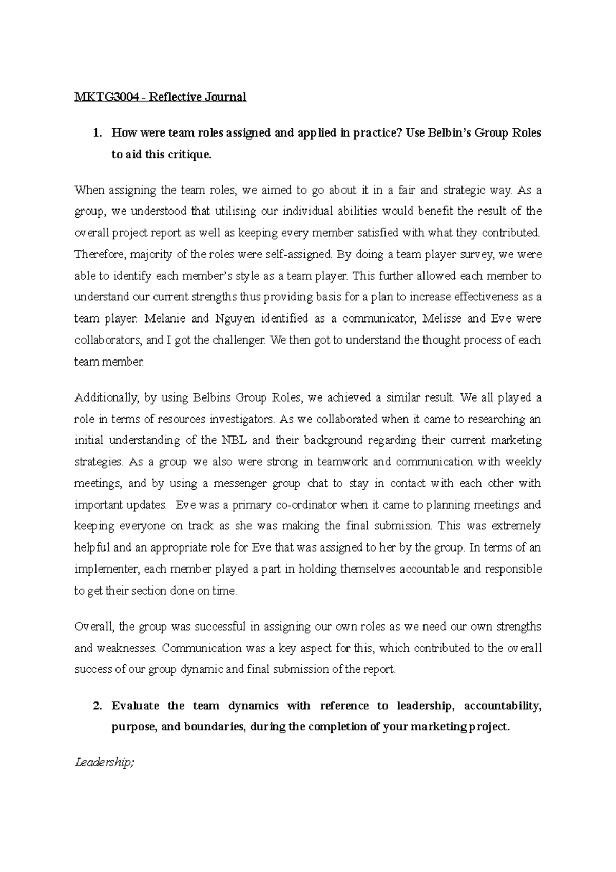 MKTG3004 Reflective Journal - MKTG3004 - Reflective Journal How were ...