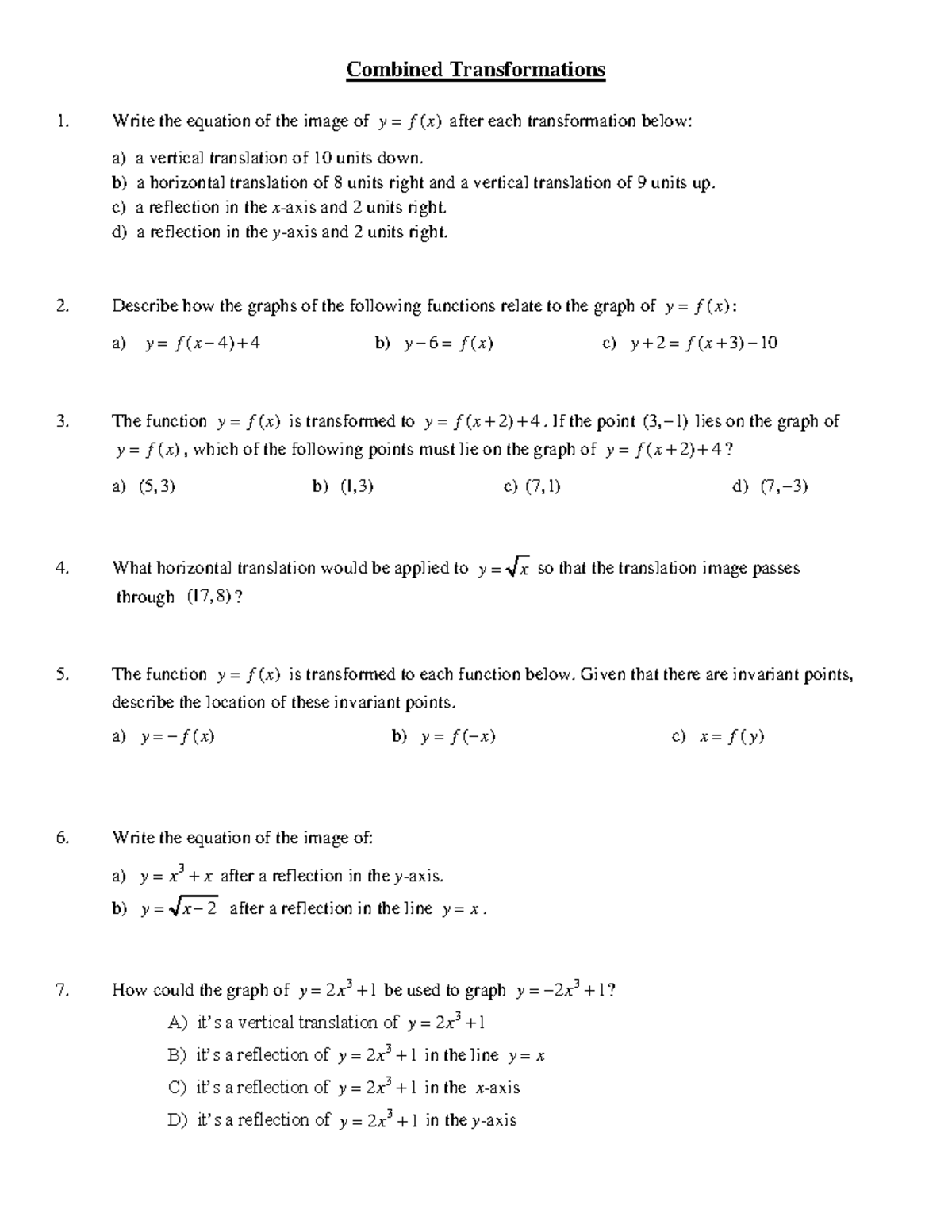 Day 4 Combined Transformations wksht - Combined Transformations Write ...